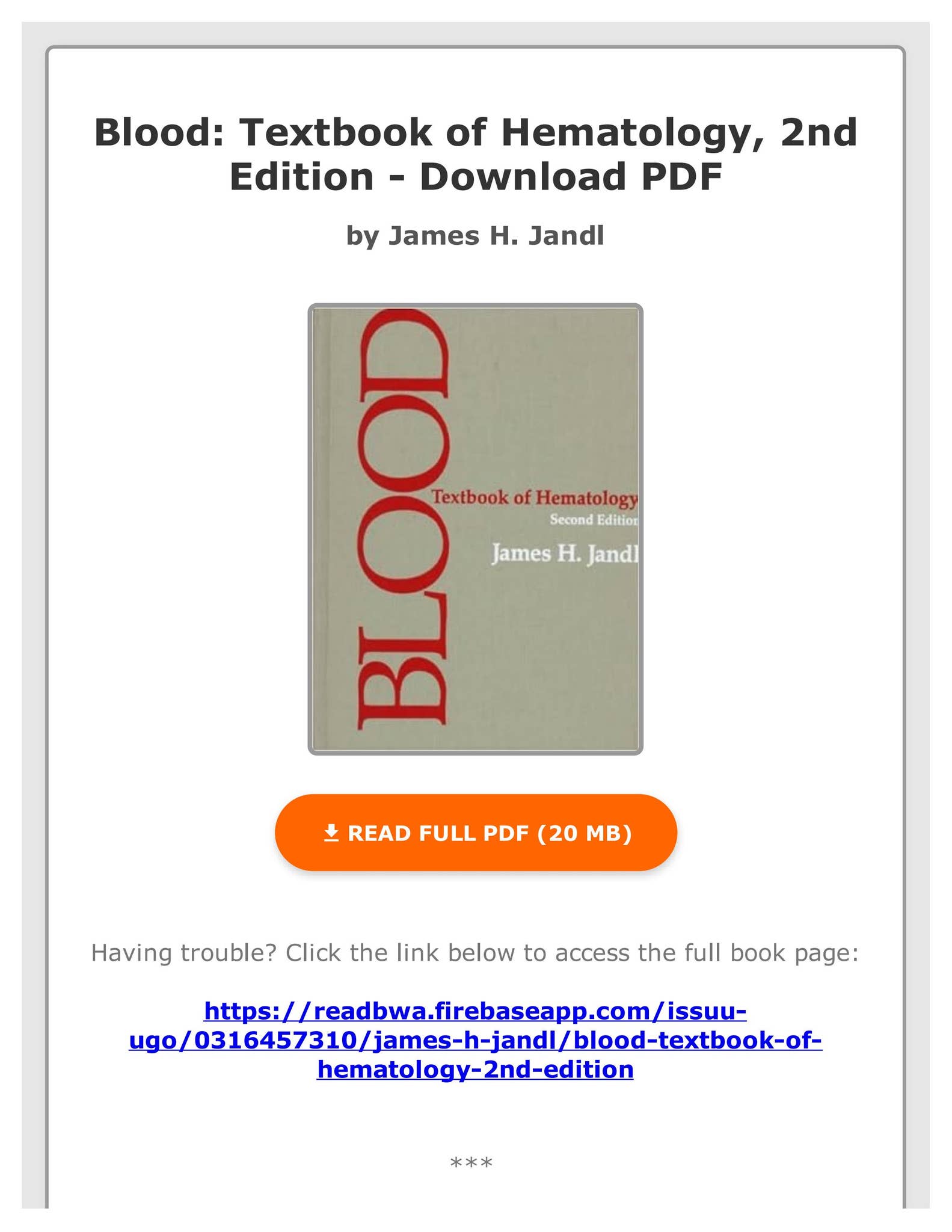 Ebook Pdf Blood Textbook Of Hematology 2nd Edition By James H Jandl