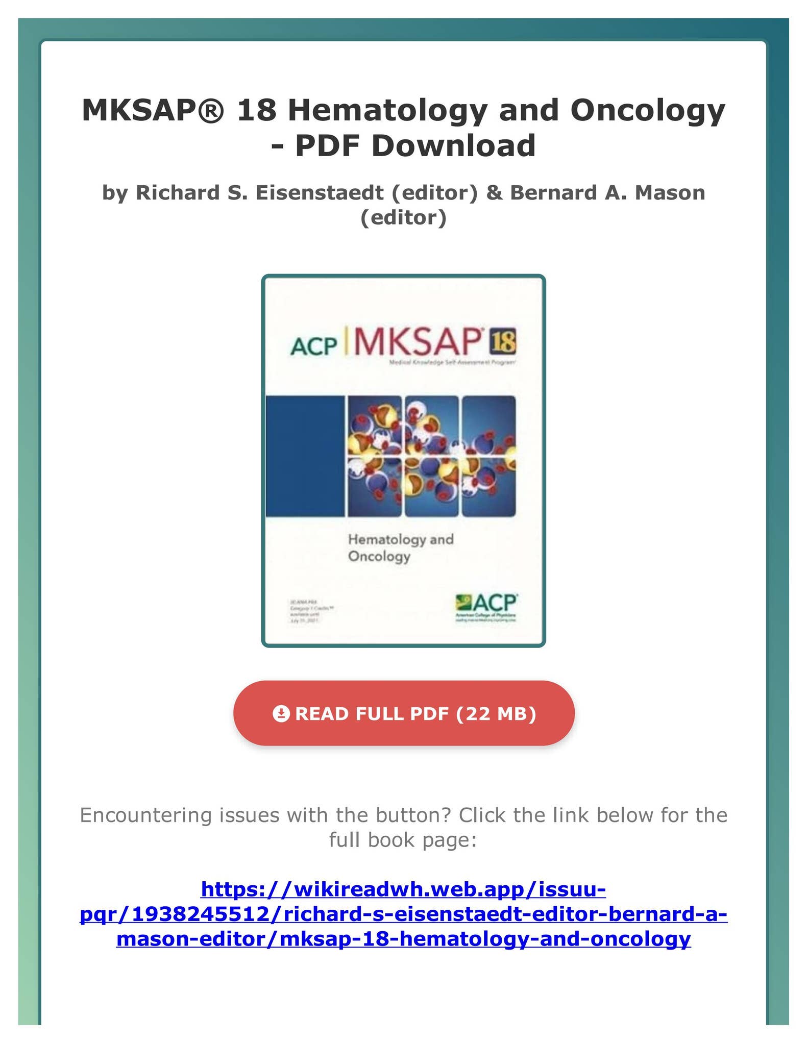 [PDF] MKSAP® 18 Hematology and Oncology by Richard S. Eisenstaedt ...