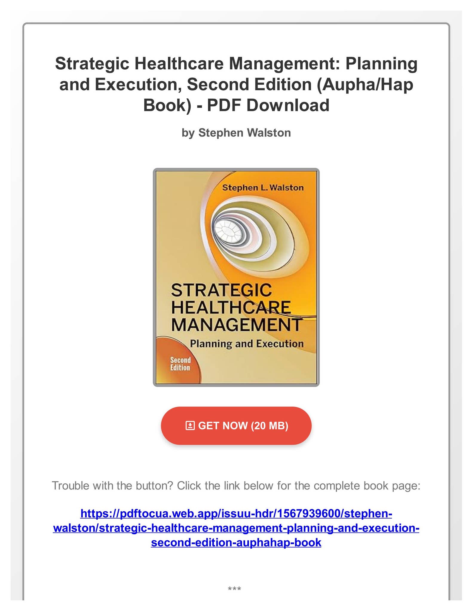 Ebook Strategic Healthcare Management: Planning and Execution, Second Edition (Aupha/Hap Book ...