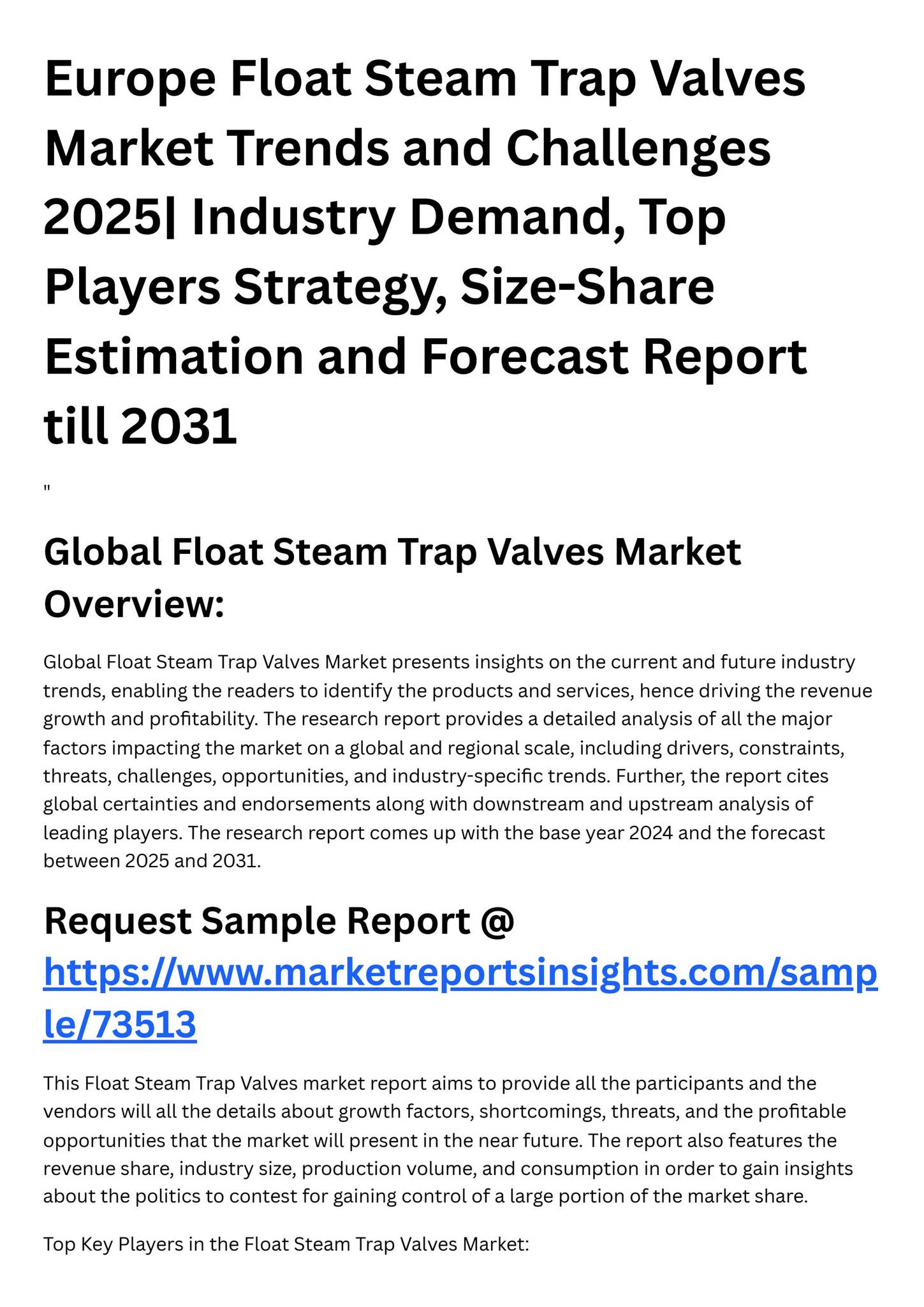 Europe Float Steam Trap Valves Market Trends and Challenges 2025 ...