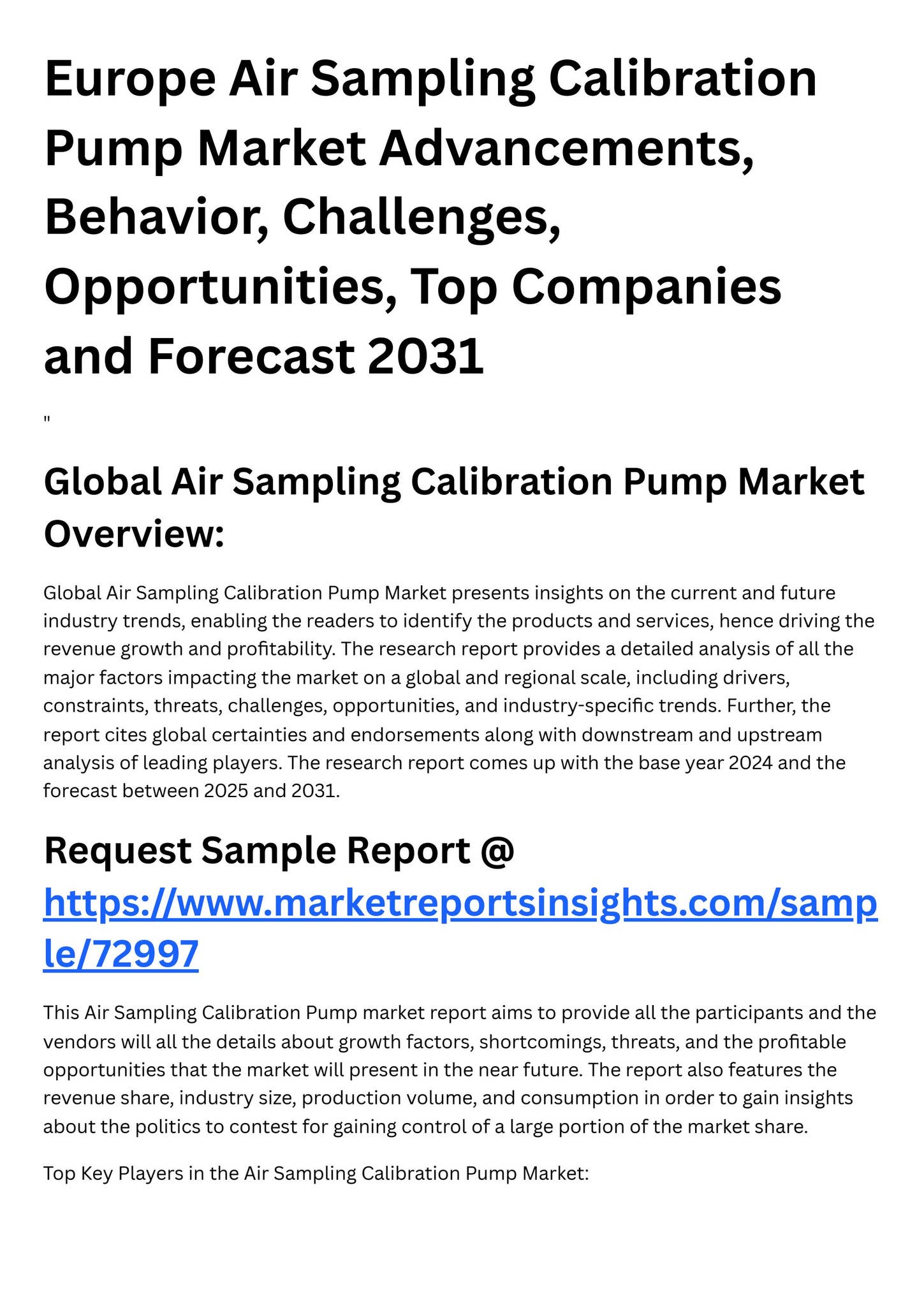Europe Air Sampling Calibration Pump Market Advancements, Behavior ...
