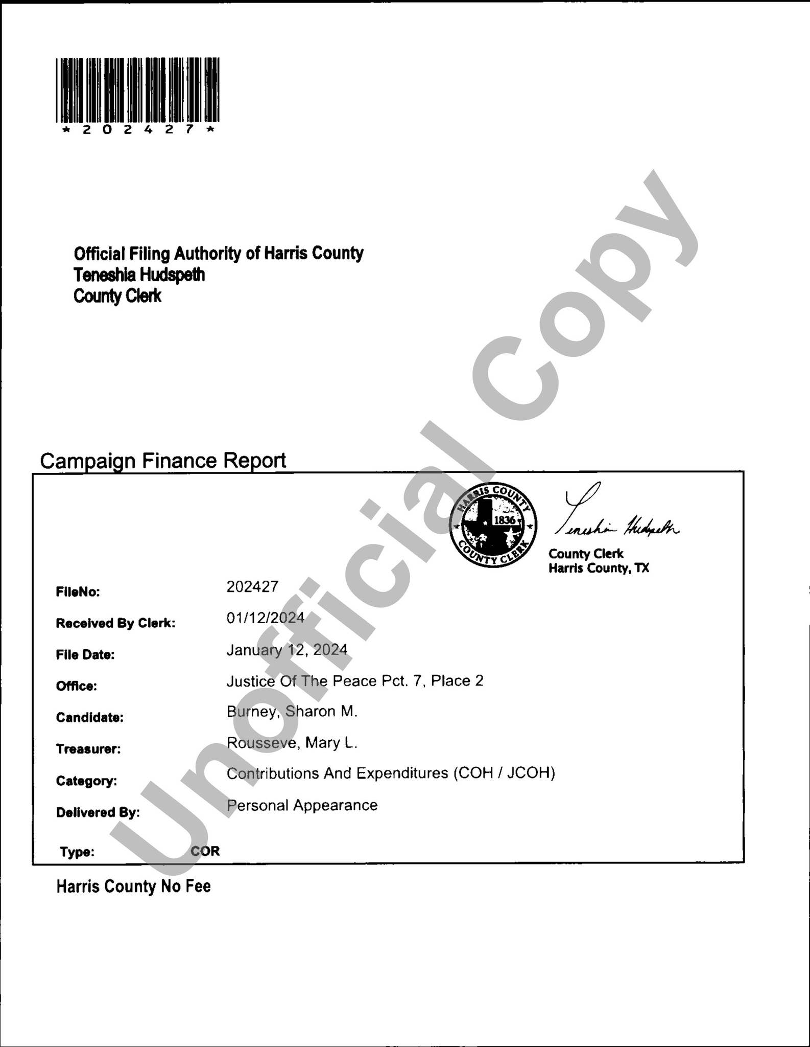 Judge Sharon Burney - 1-12-2024 - Campaign Finance Report by Aubrey R ...