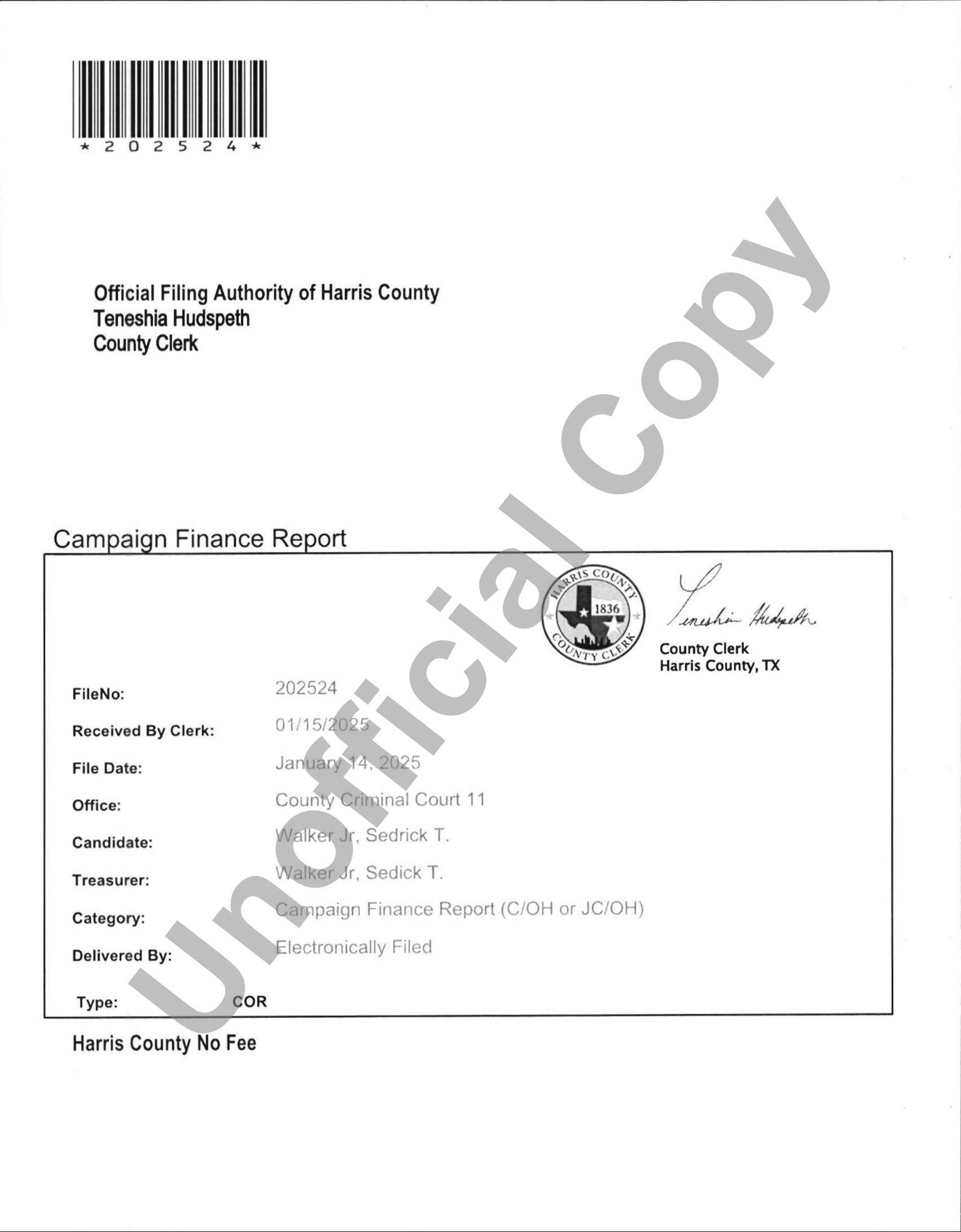 Judge Sedrick T Walker - 1-15-2025 - Campaign Finance Report by Aubrey ...