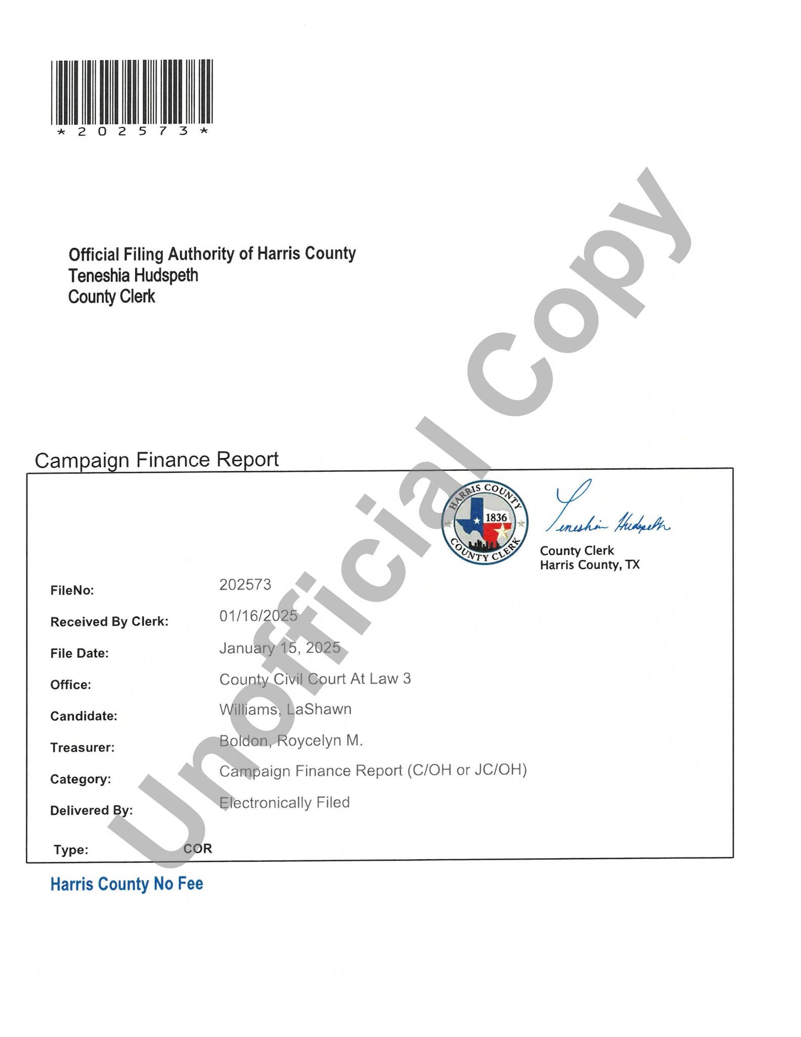 Judge LaShawn A Williams - 1-15-2025 - Campaign Finance Report by ...