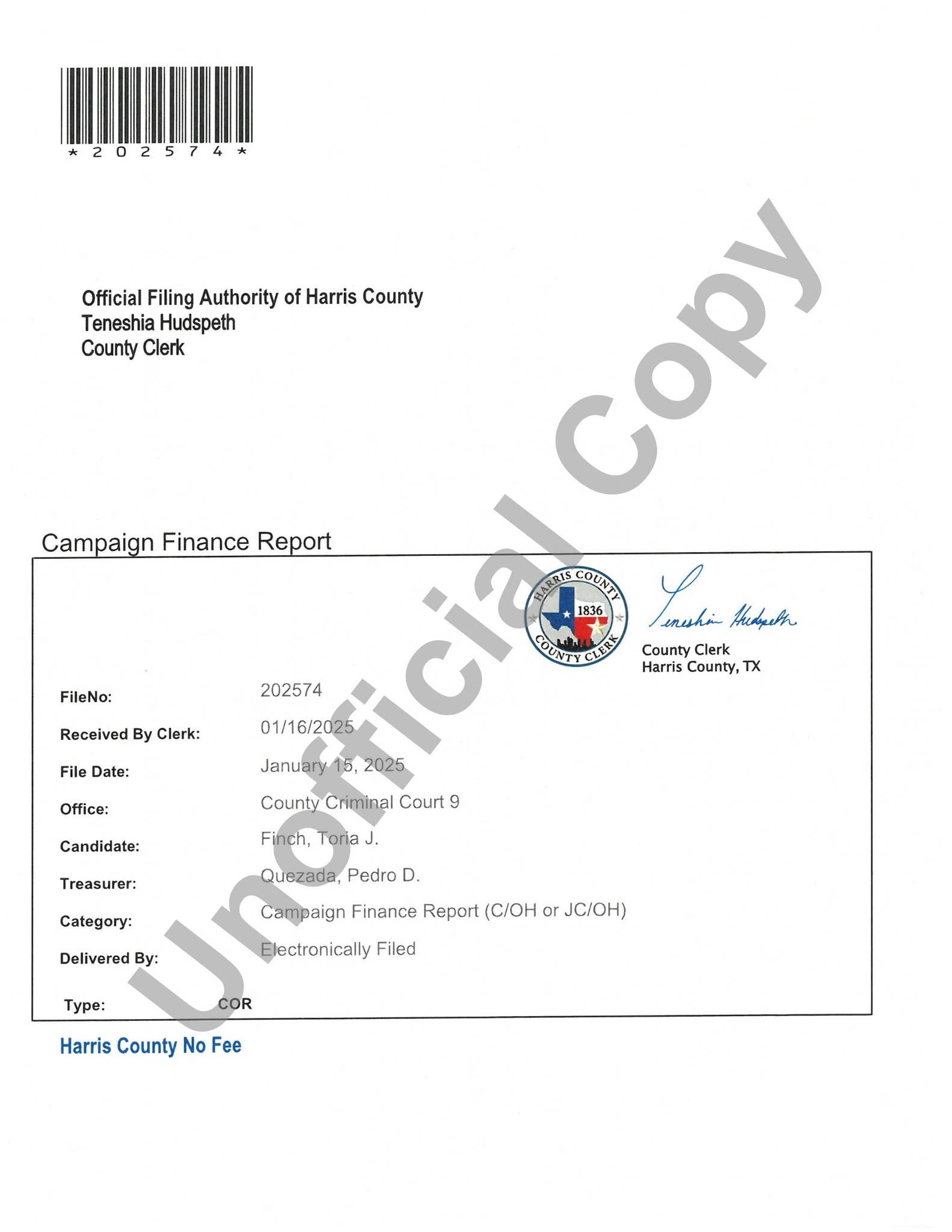 Judge Toria J Finch - 1-16-2025 - Campaign Finance Report by Aubrey R ...