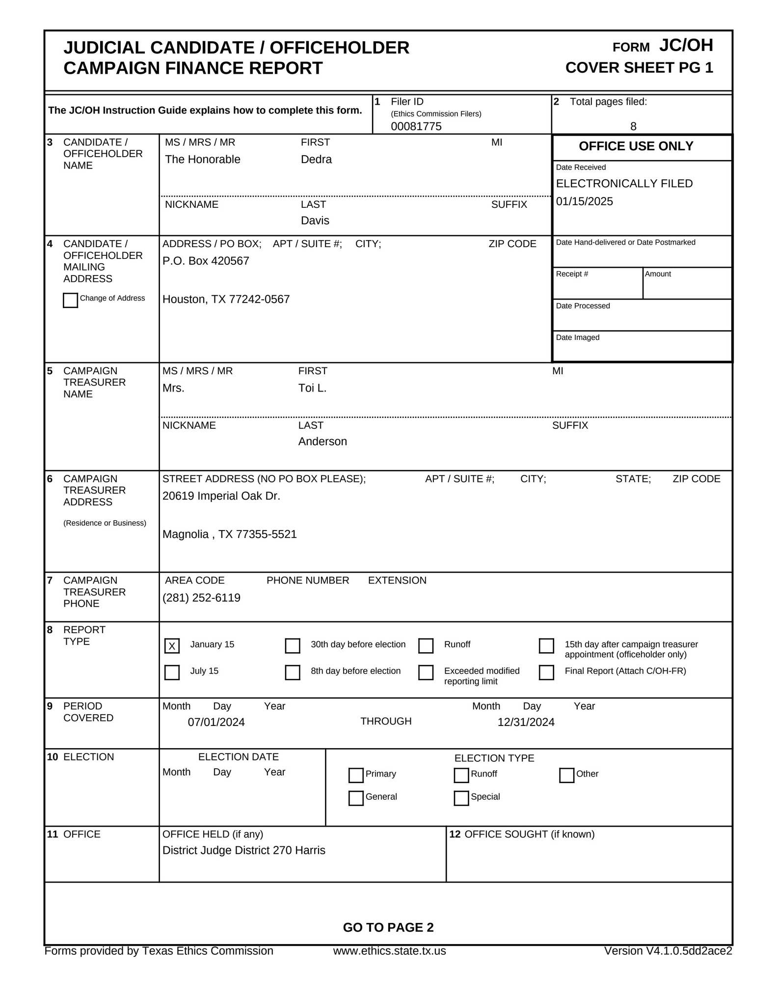 Judge Dedra Davis - 1-15-2025 - Campaign Finance Report by Aubrey R ...