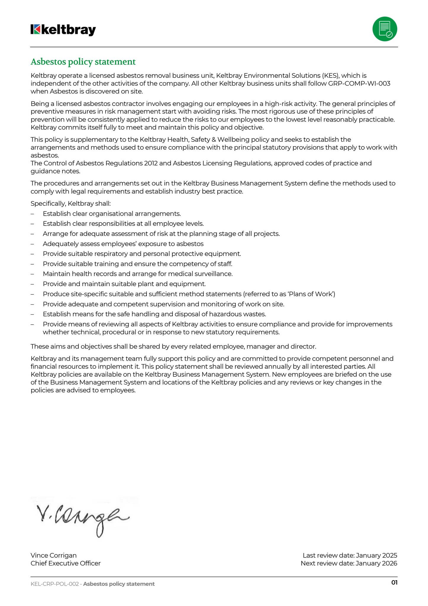 Asbestos policy statement by Keltbray - Issuu