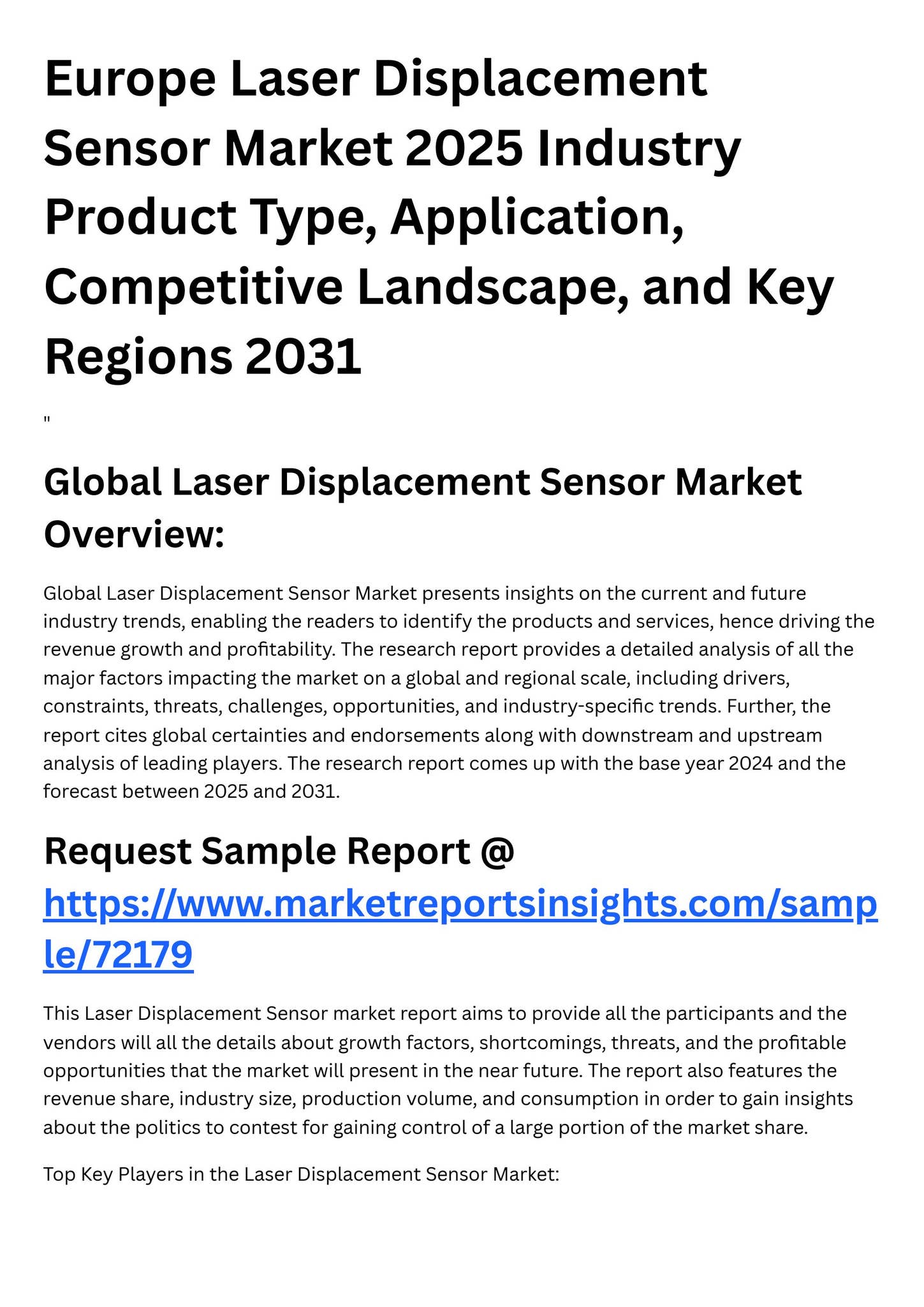 Europe Laser Displacement Sensor Market 2025 Industry Product Type ...