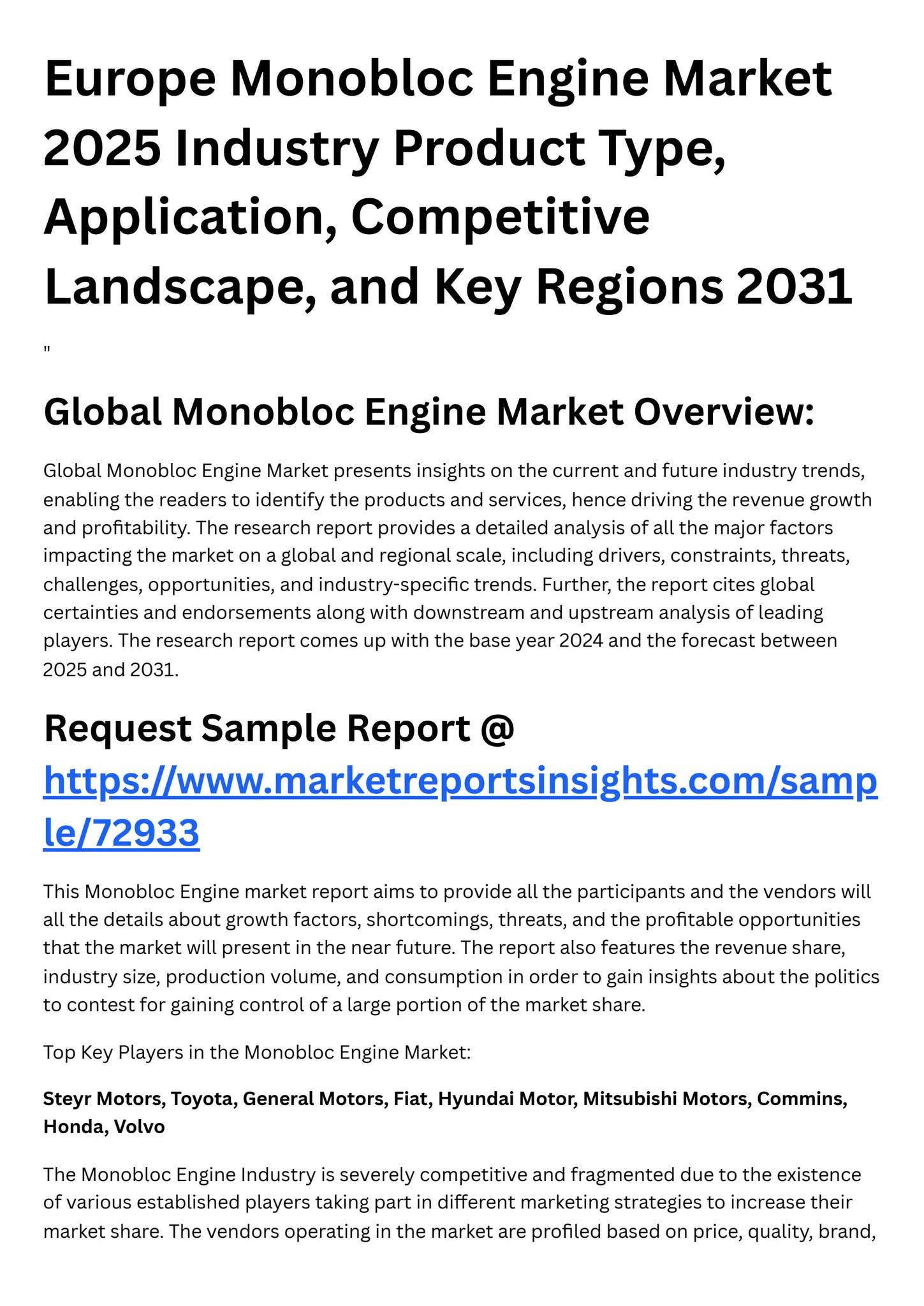 Europe Monobloc Engine Market 2025 Industry Product Type, Application, Competitive Landscape ...