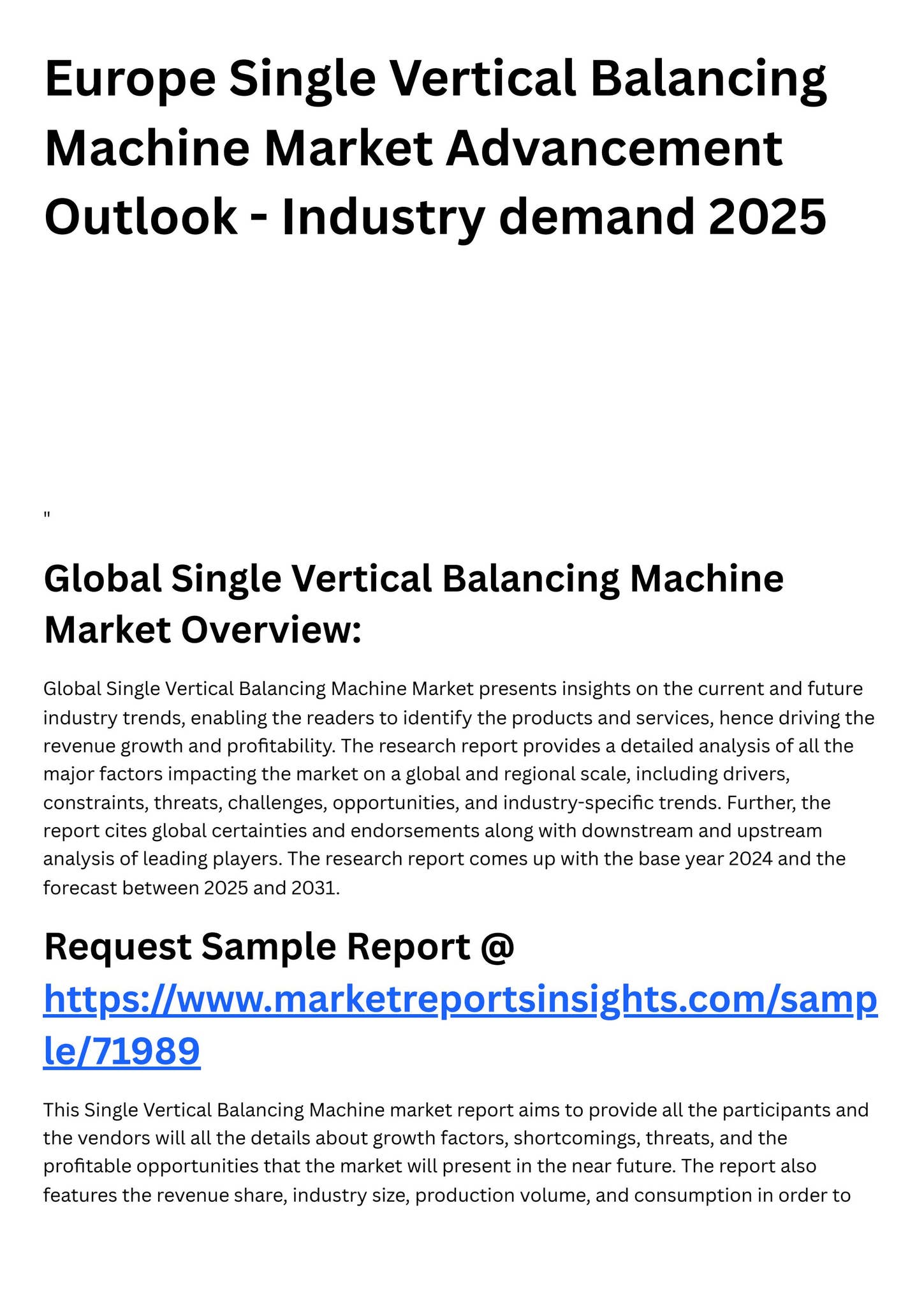 Europe Single Vertical Balancing Machine Market Advancement Outlook ...