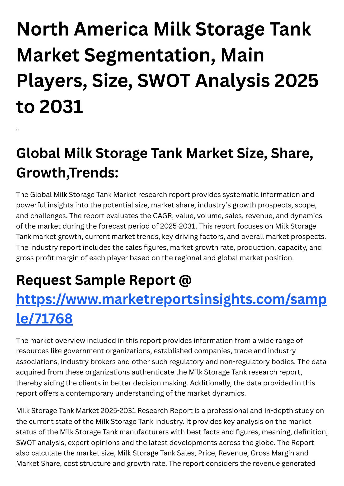 North America Milk Storage Tank Market Segmentation, Main Players, Size ...