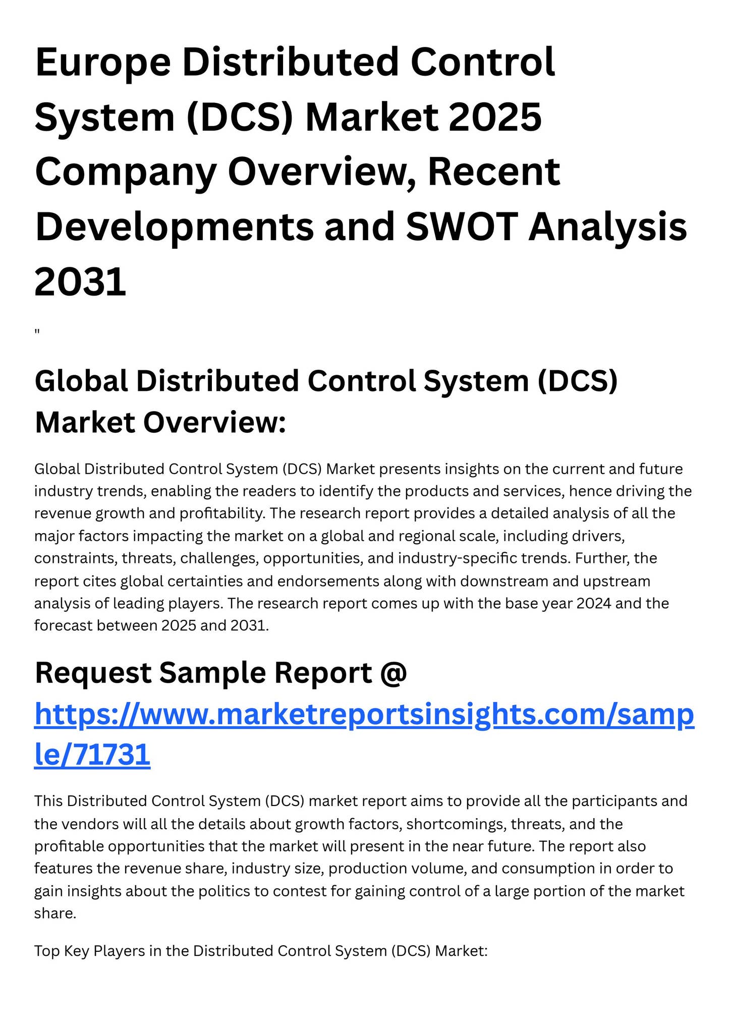 Europe Distributed Control System (DCS) Market 2025 Company Overview ...