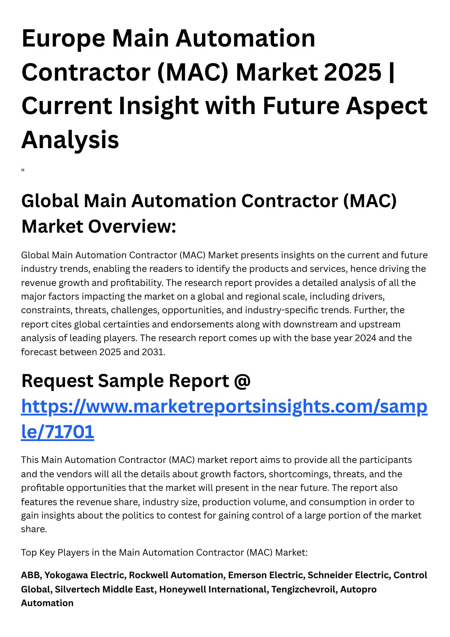 Europe Main Automation Contractor (MAC) Market 2025 Current Insight ...
