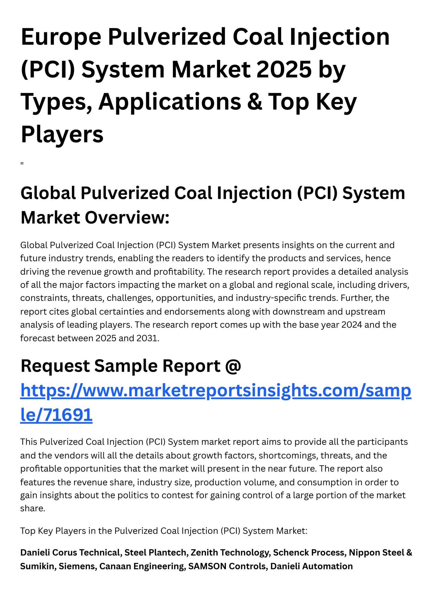 Europe Pulverized Coal Injection (PCI) System Market 2025 by Types ...