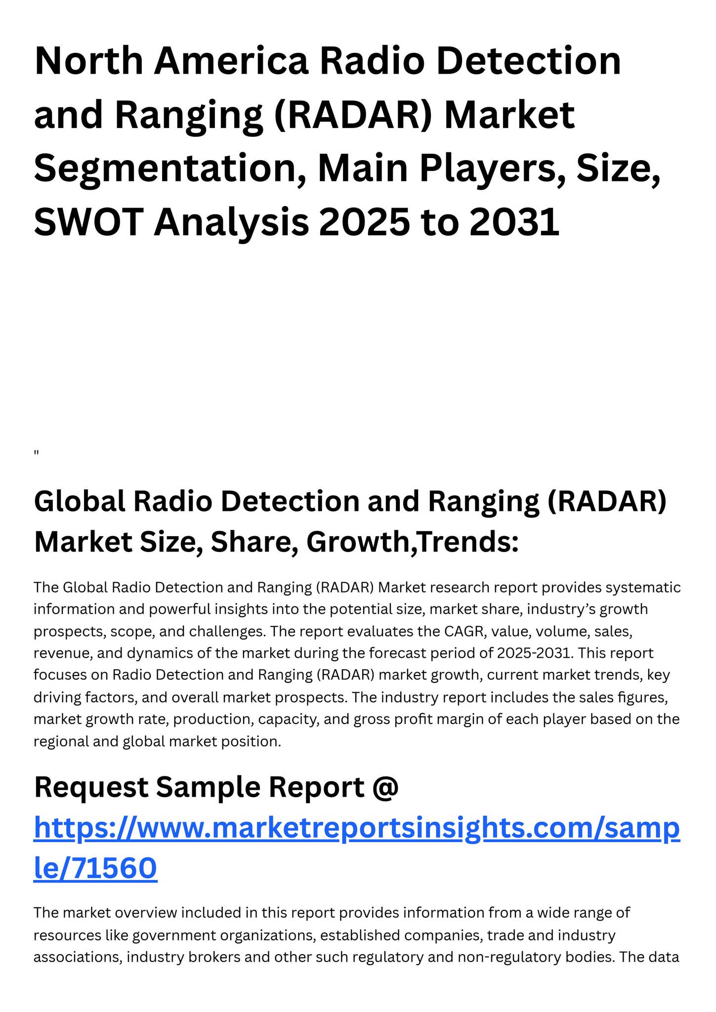 North America Radio Detection and Ranging (RADAR) Market Segmentation, Main Players, Size, SWOT ...