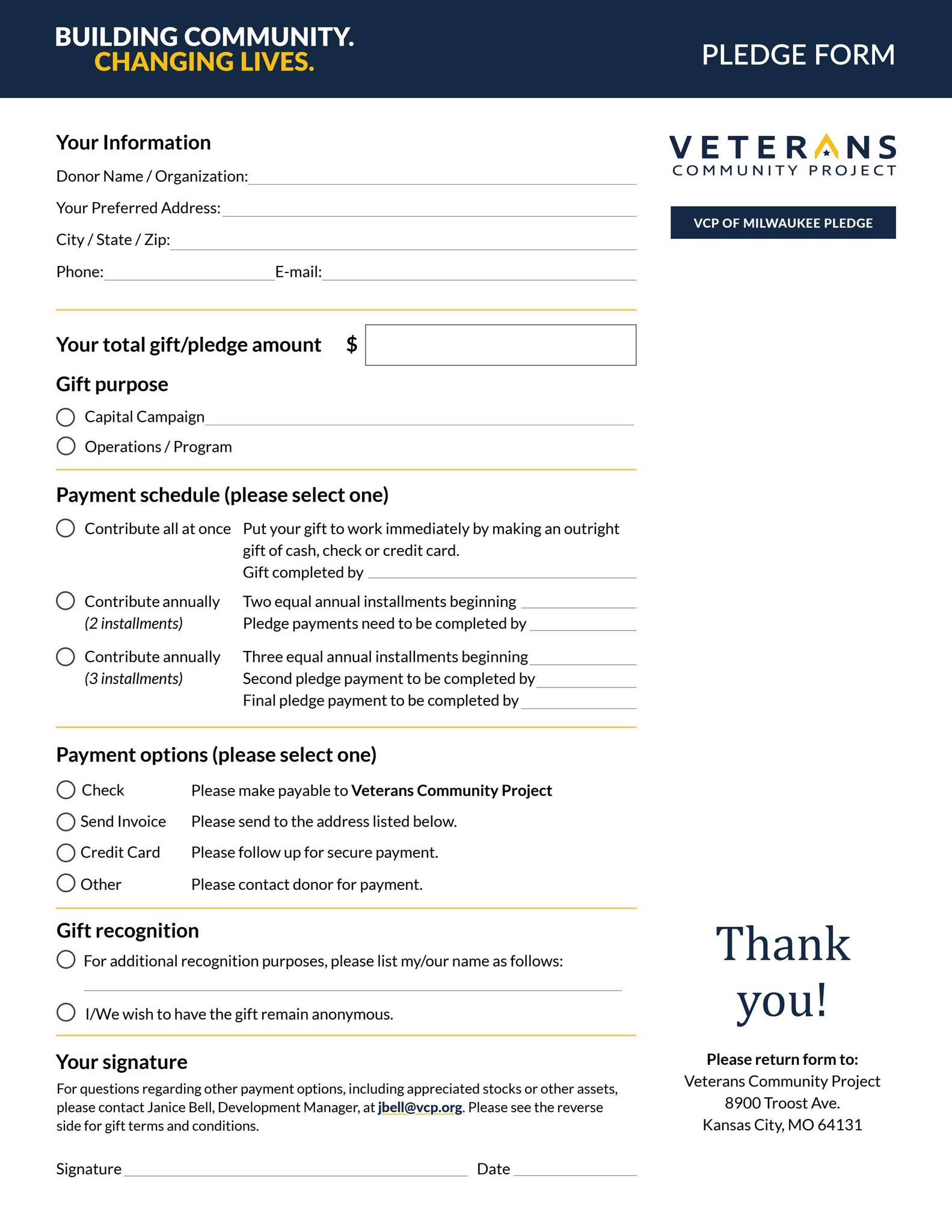 Pledge Form: Veterans Community Project of Milwaukee by Veterans ...