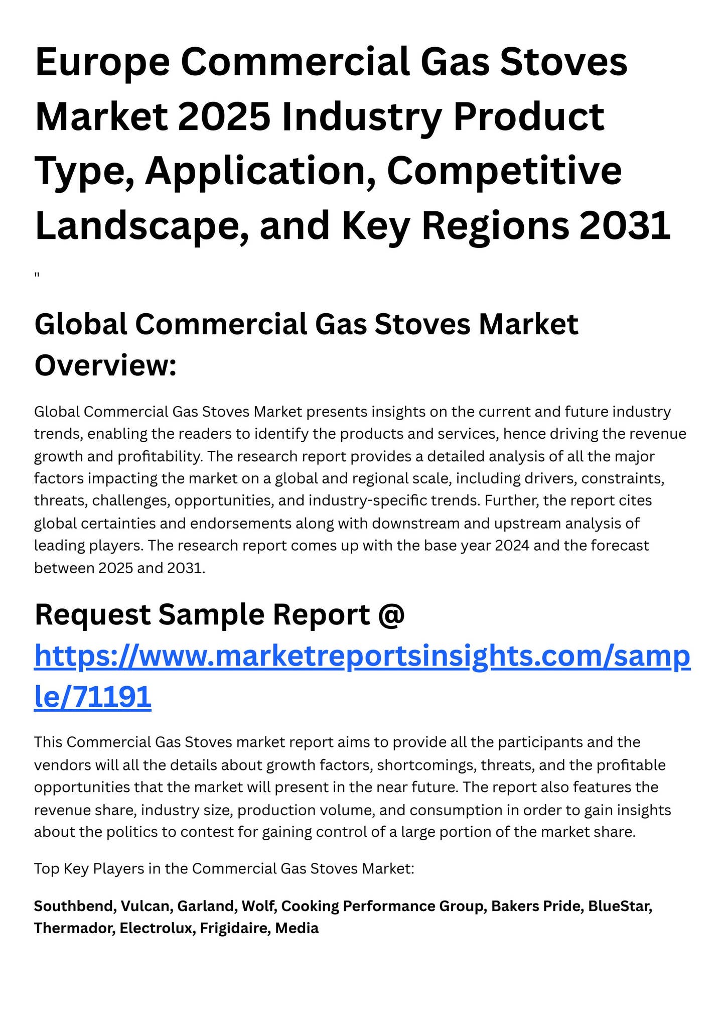 Europe Commercial Gas Stoves Market 2025 Industry Product Type ...