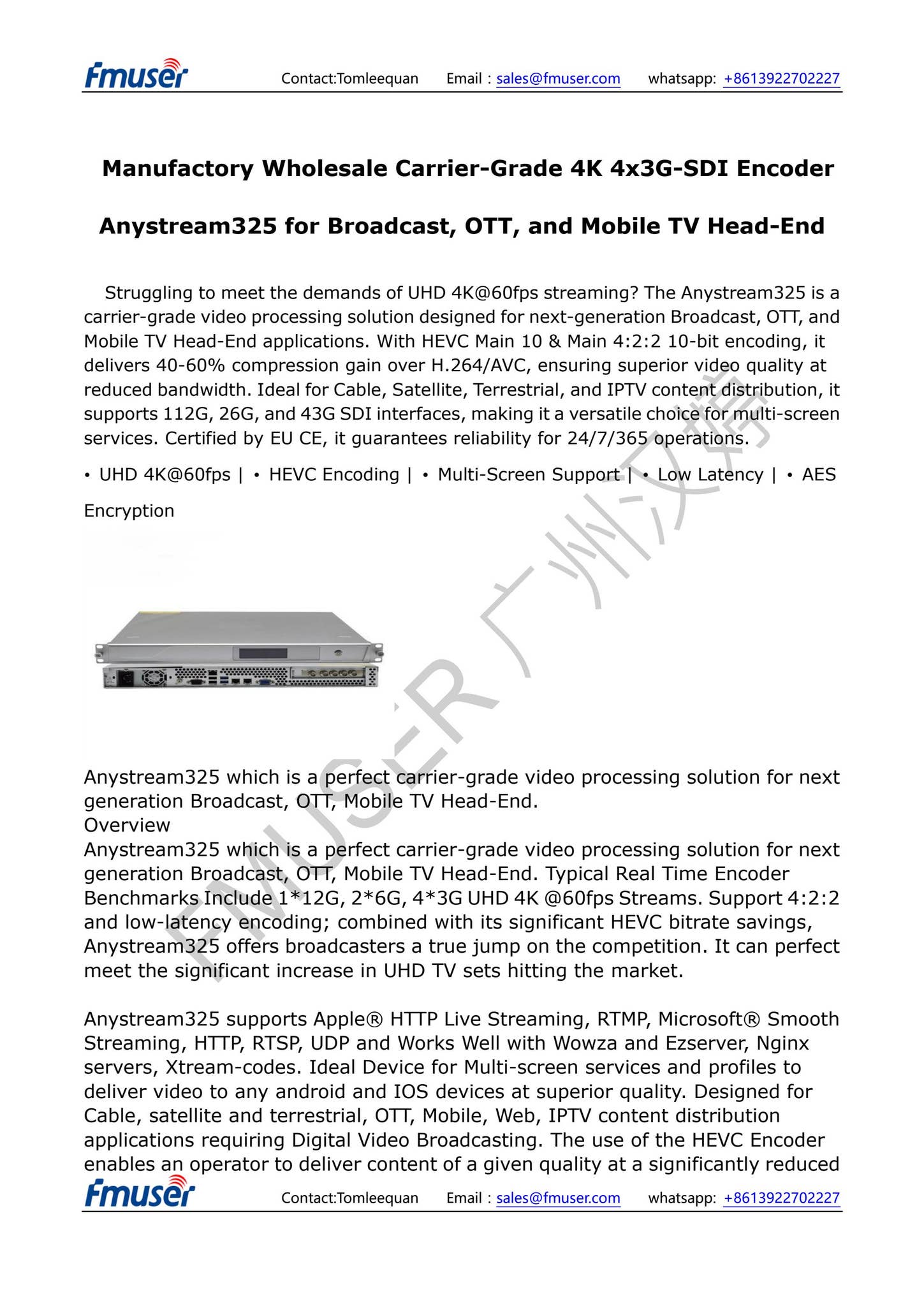 Manufactory Wholesale Carrier-Grade 4K 4x3G-SDI Encoder Anystream325 ...