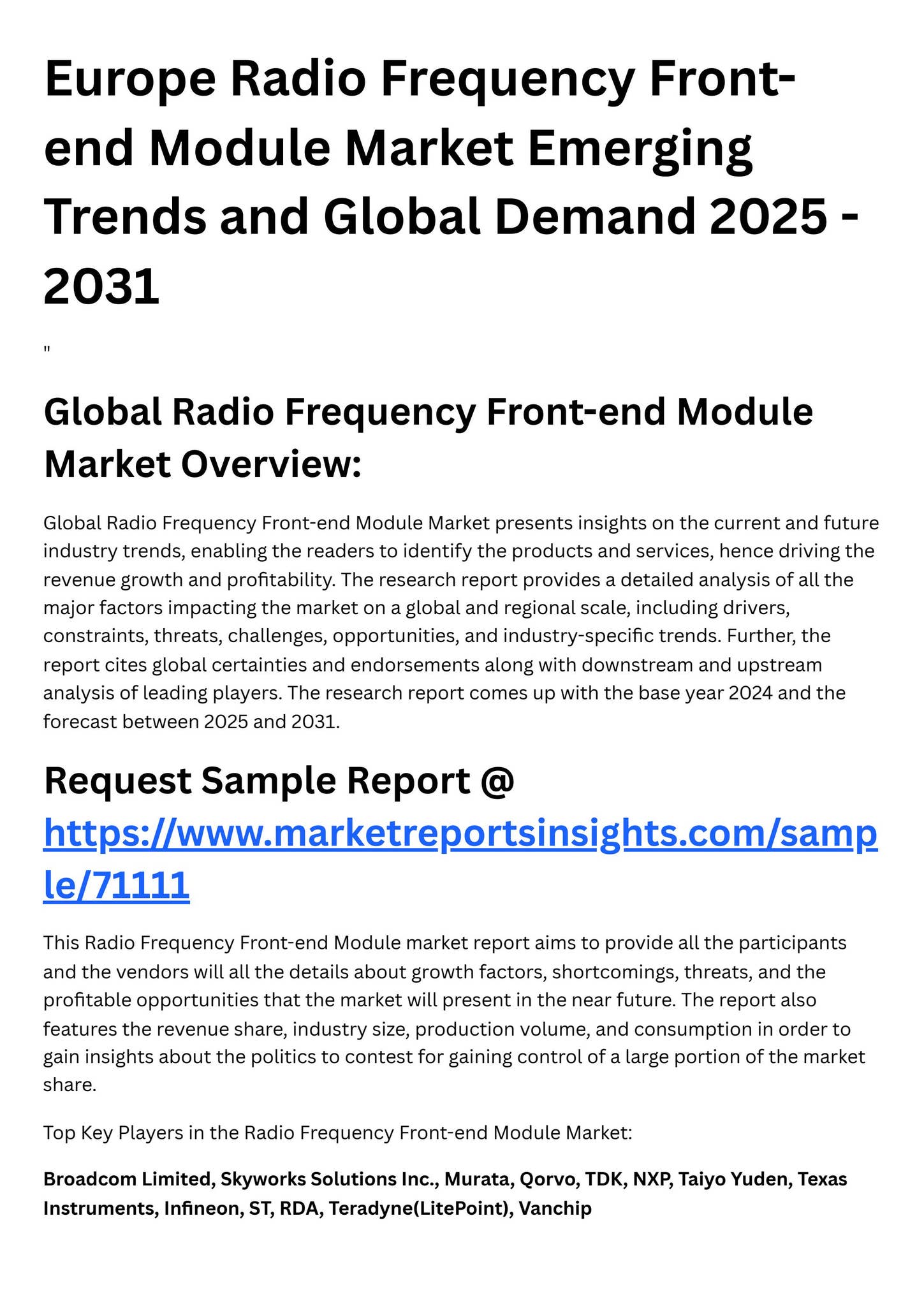 Europe Radio Frequency Front-end Module Market Emerging Trends and Global Demand 2025 - 2031 by ...