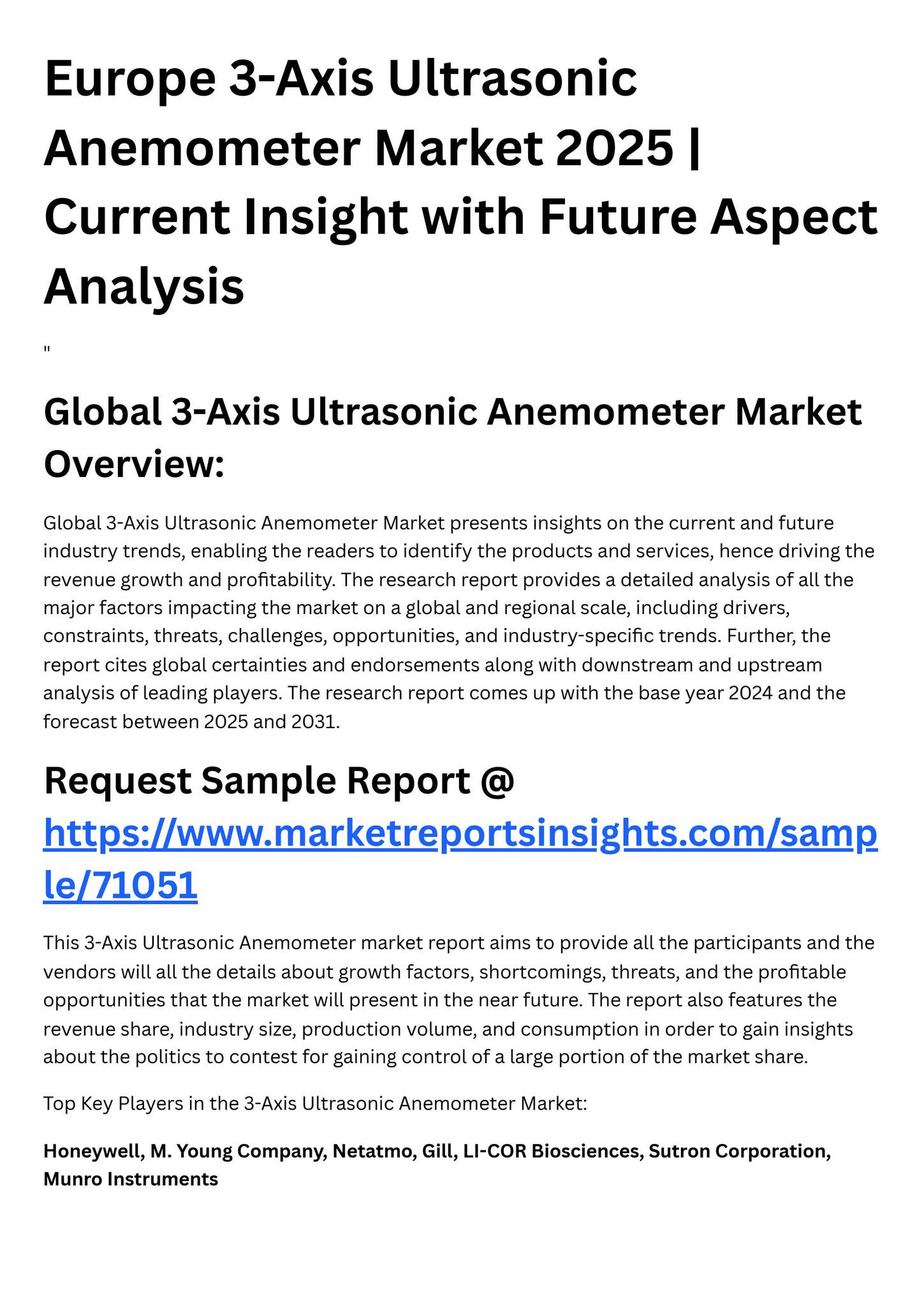 Europe 3-Axis Ultrasonic Anemometer Market 2025 Current Insight with ...