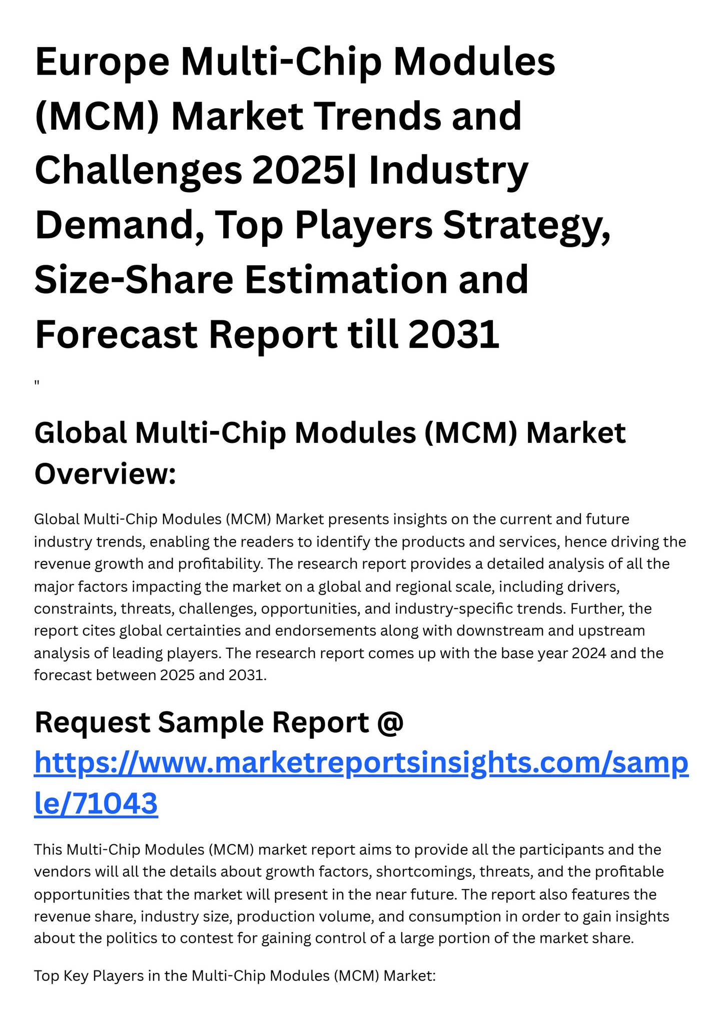 Europe Multi-Chip Modules (MCM) Market Trends and Challenges 2025 ...