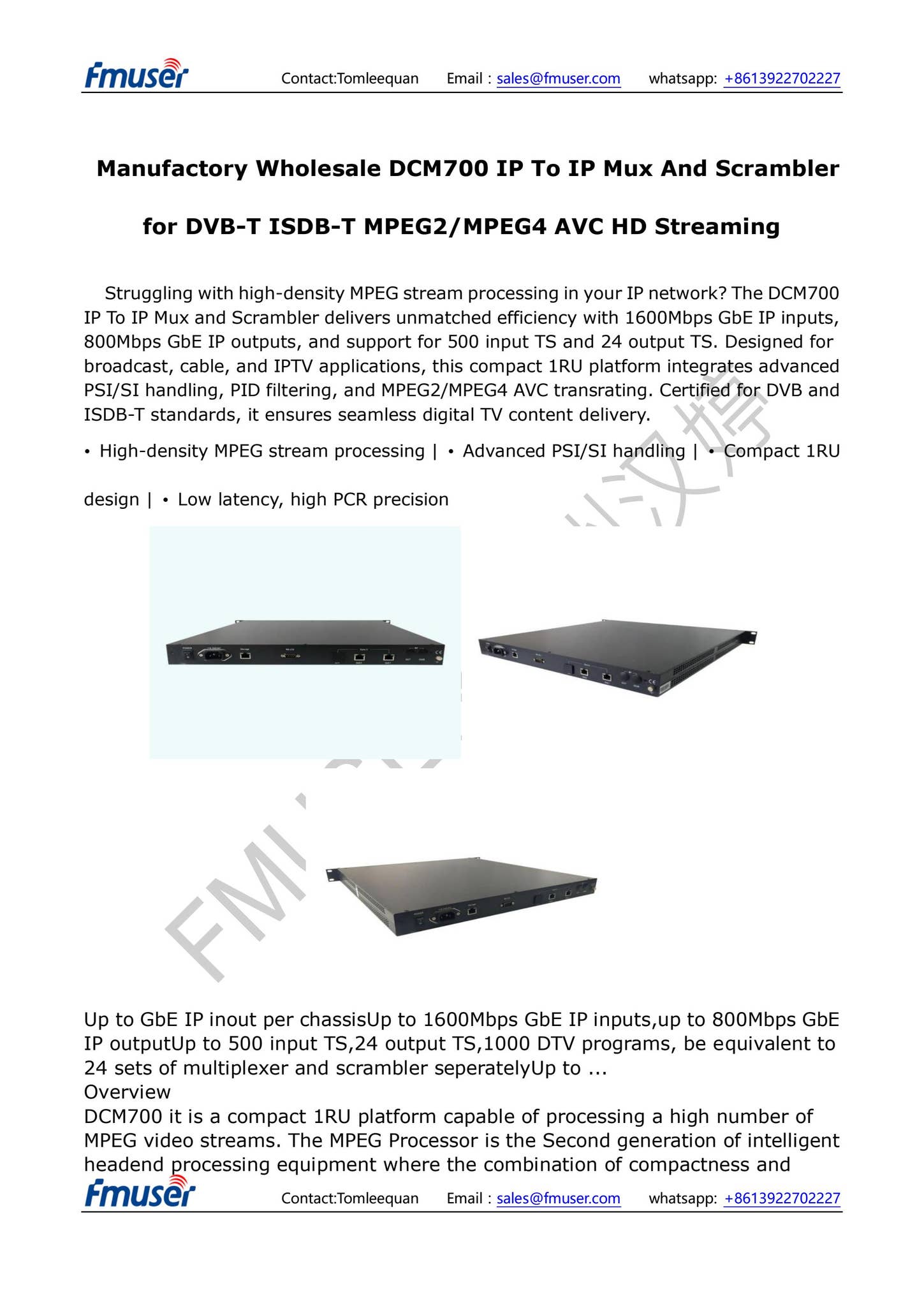 Manufactory Wholesale DCM700 IP To IP Mux And Scrambler for DVB-T ISDB-T MPEG2/MPEG4 AVC HD ...