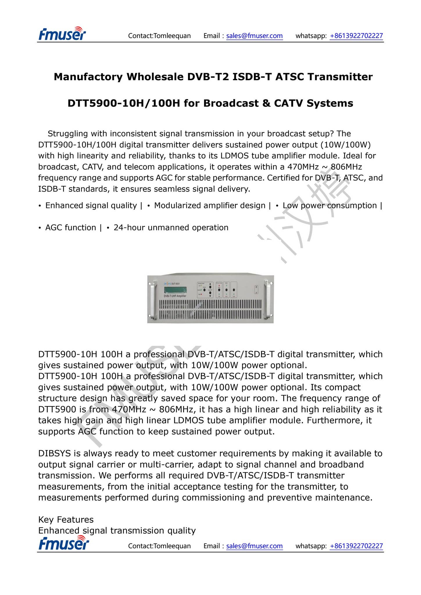 Manufactory Wholesale DVB-T2 ISDB-T ATSC Transmitter DTT5900-10H/100H ...