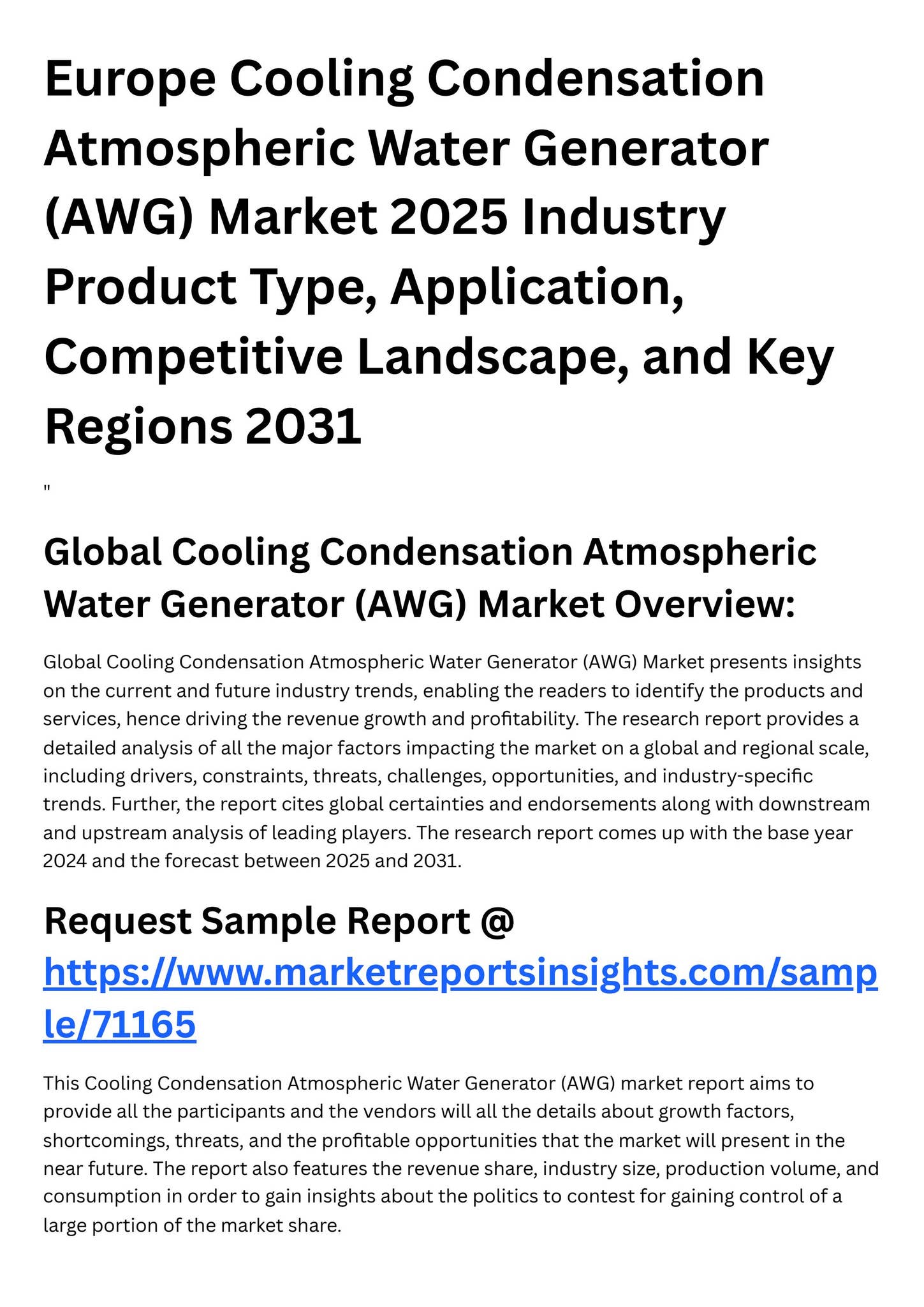 Europe Cooling Condensation Atmospheric Water Generator (AWG) Market ...
