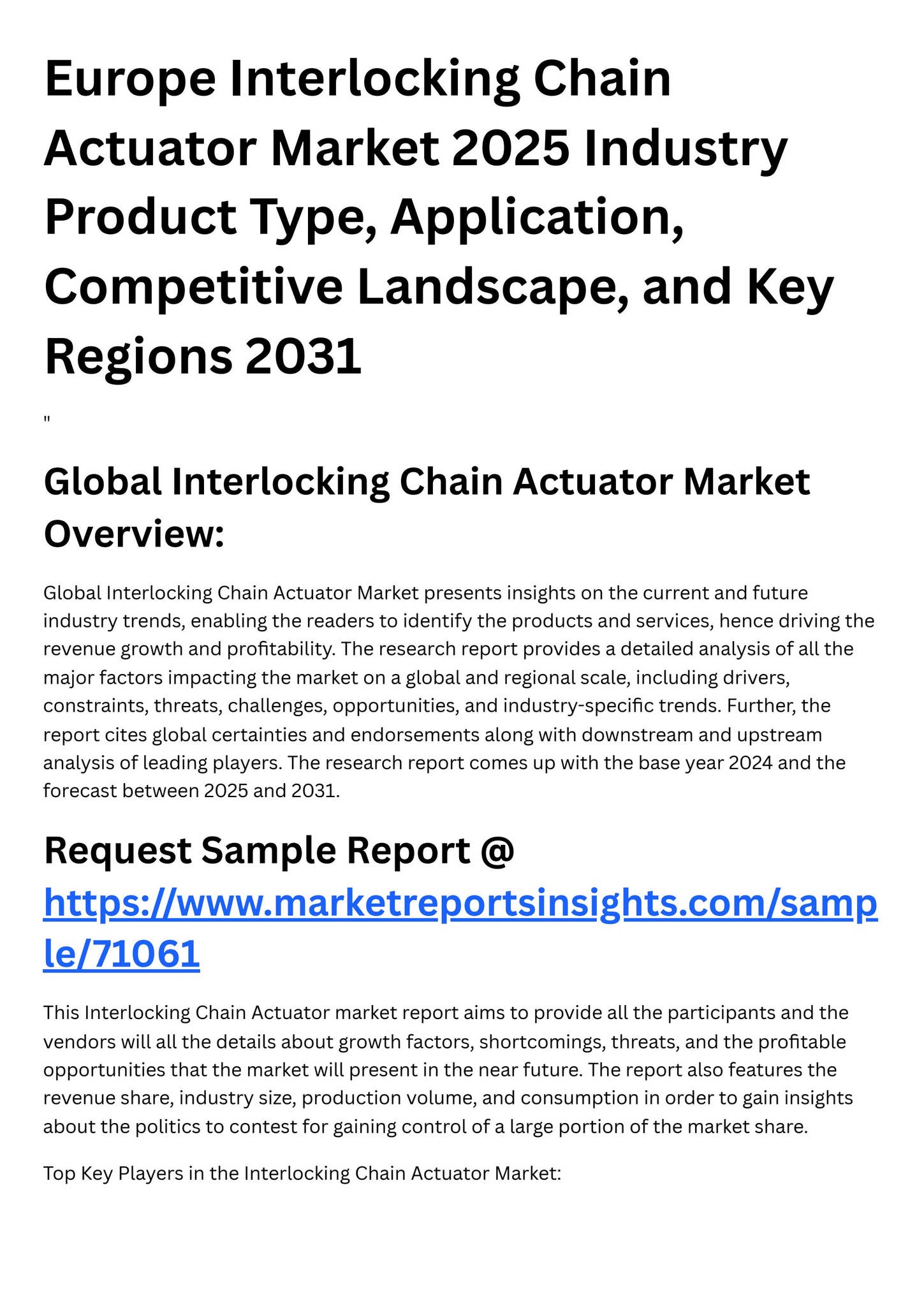 Europe Interlocking Chain Actuator Market 2025 Industry Product Type ...