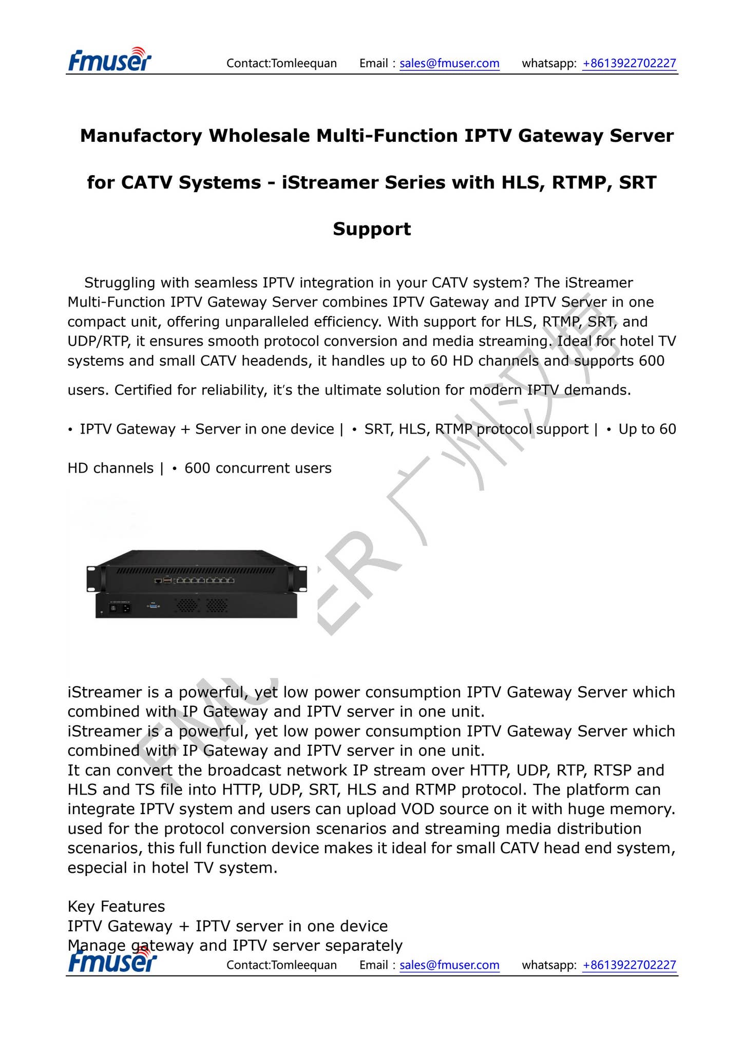 Manufactory Wholesale Multi-Function IPTV Gateway Server for CATV Systems - iStreamer Series ...