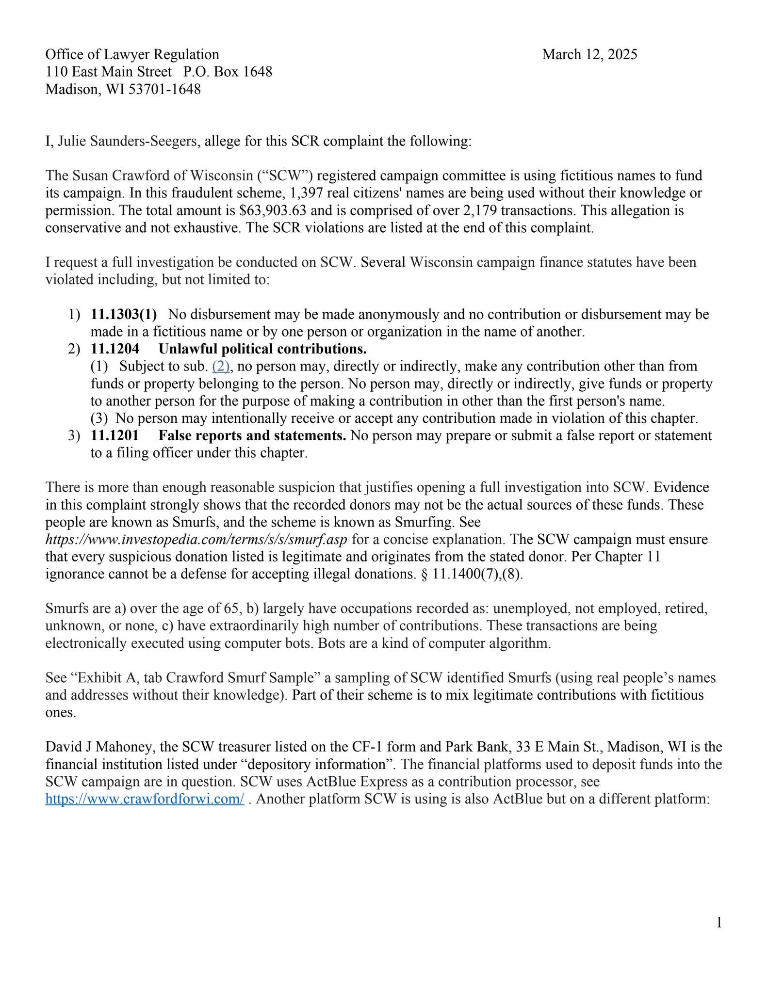 Crawford, Susan Complaint to OLR v3 by ElectionWatch Peter Bernegger ...