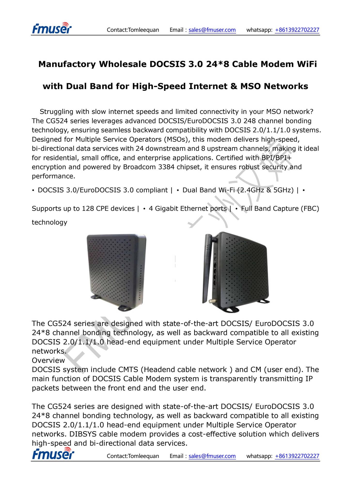 Manufactory Wholesale DOCSIS 3.0 248 Cable Modem WiFi with Dual Band ...