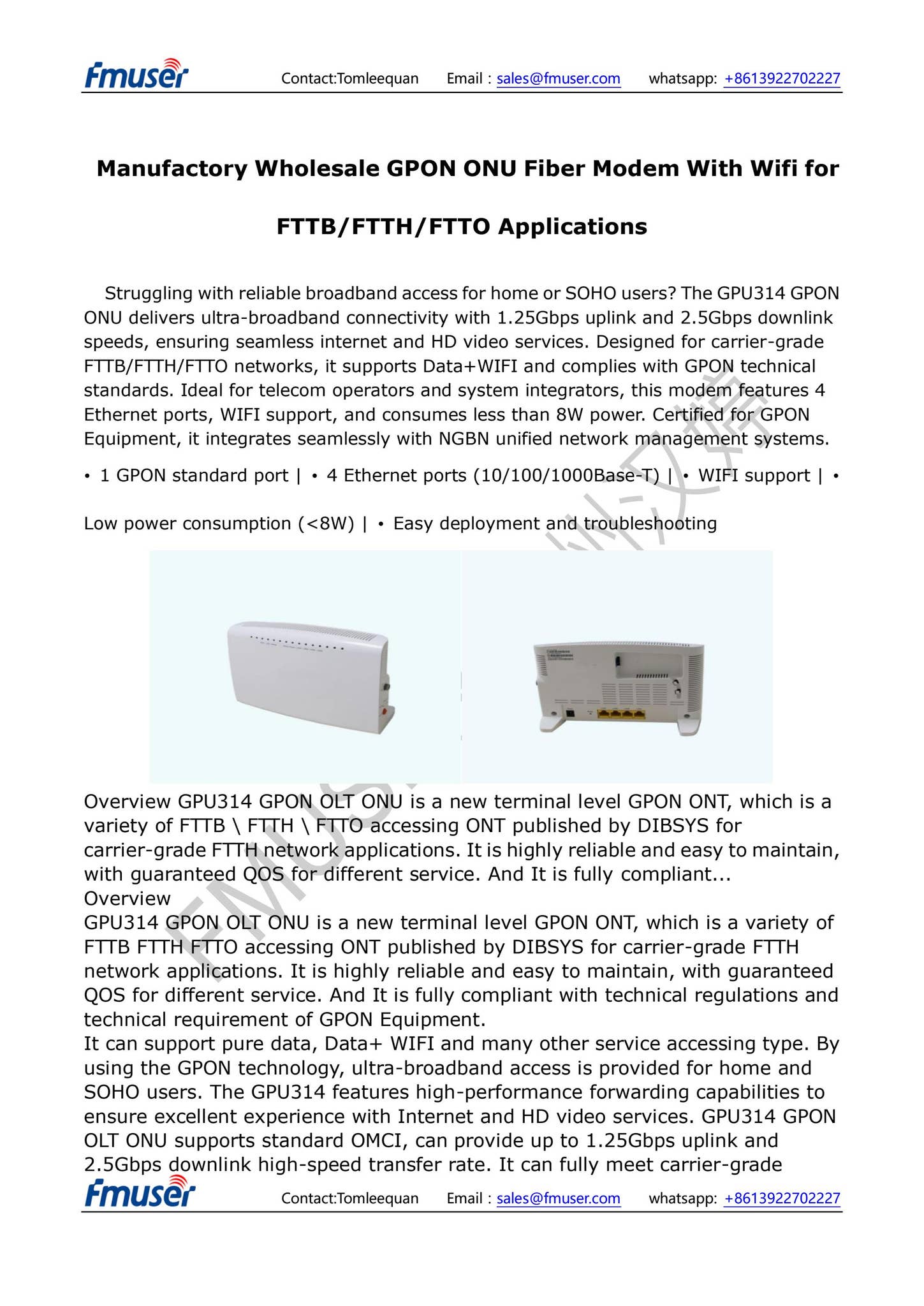 Manufactory Wholesale GPON ONU Fiber Modem With Wifi for FTTB/FTTH/FTTO ...