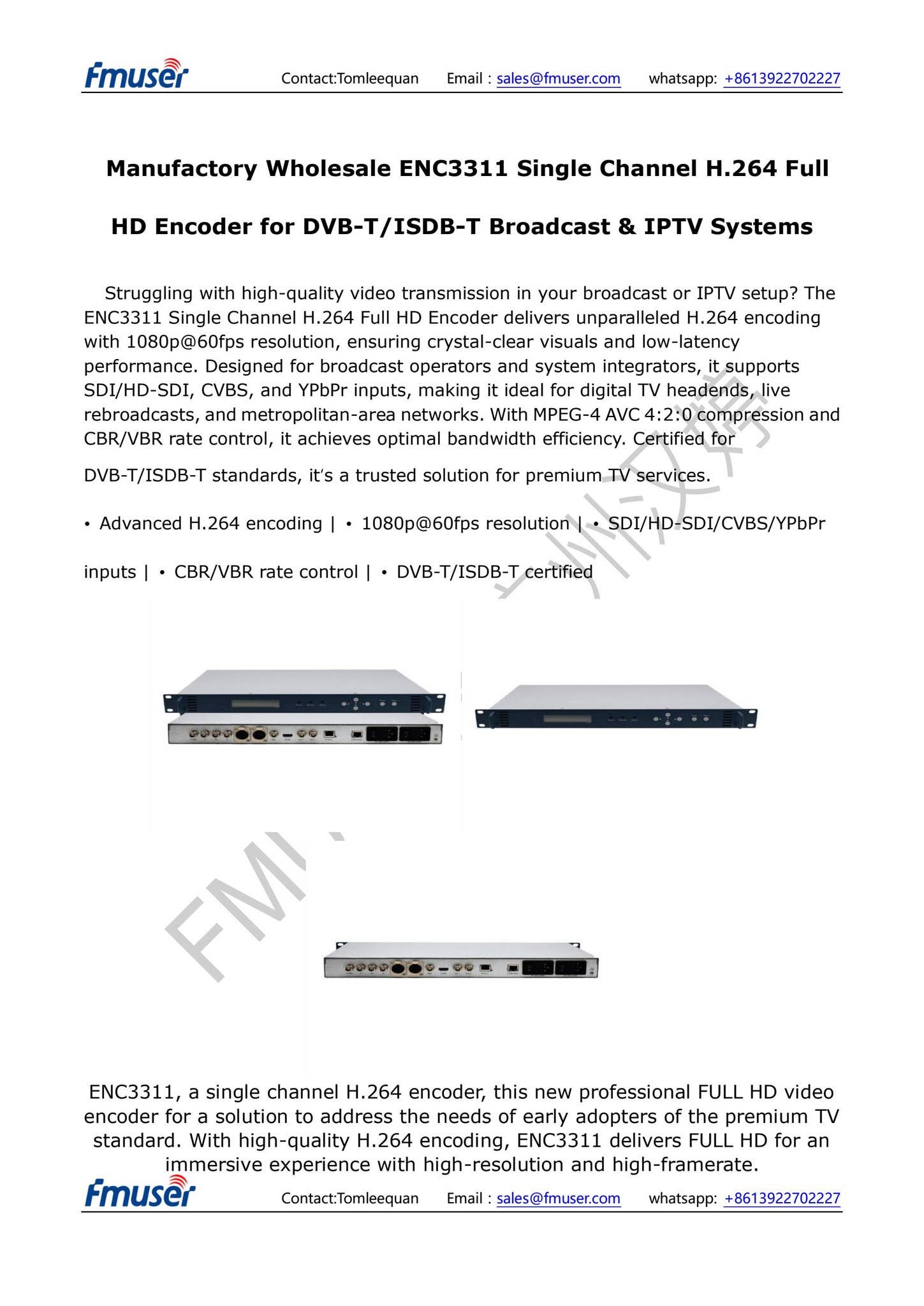 Manufactory Wholesale ENC3311 Single Channel H.264 Full HD Encoder for ...