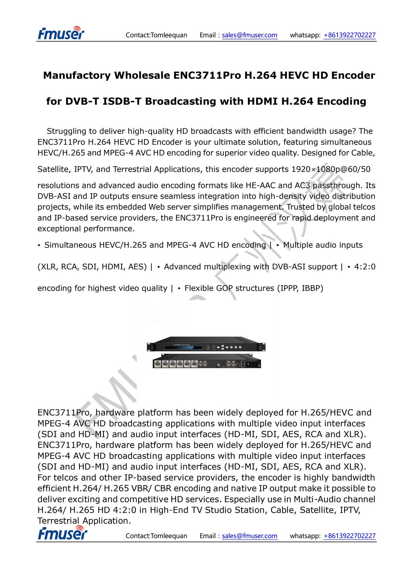 Manufactory Wholesale ENC3711Pro H.264 HEVC HD Encoder for DVB-T ISDB-T ...