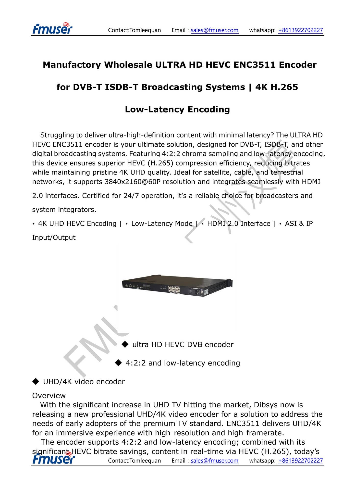 Manufactory Wholesale ULTRA HD HEVC ENC3511 Encoder for DVB-T ISDB-T ...