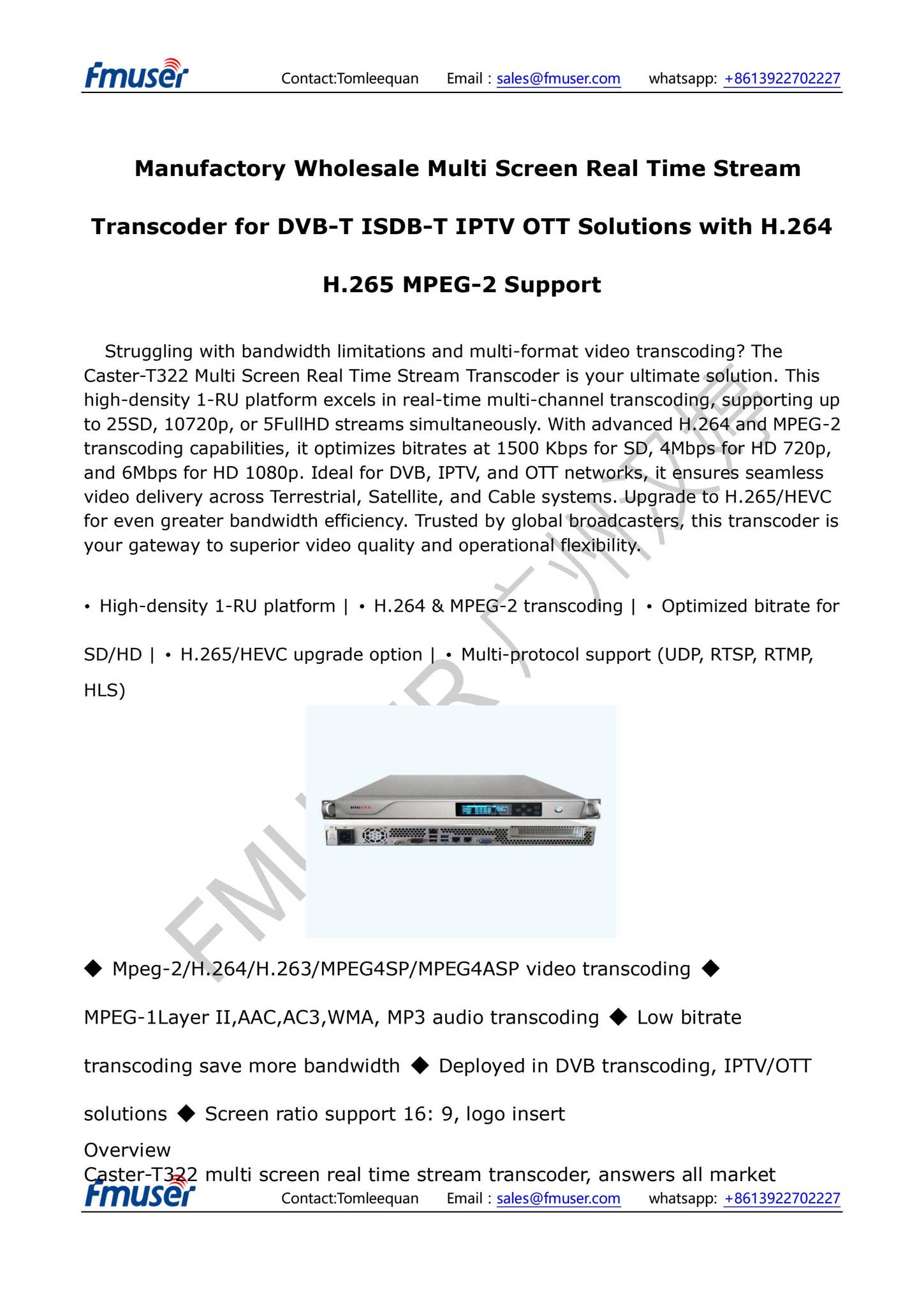 Manufactory Wholesale Multi Screen Real Time Stream Transcoder for DVB-T ISDB-T IPTV OTT ...
