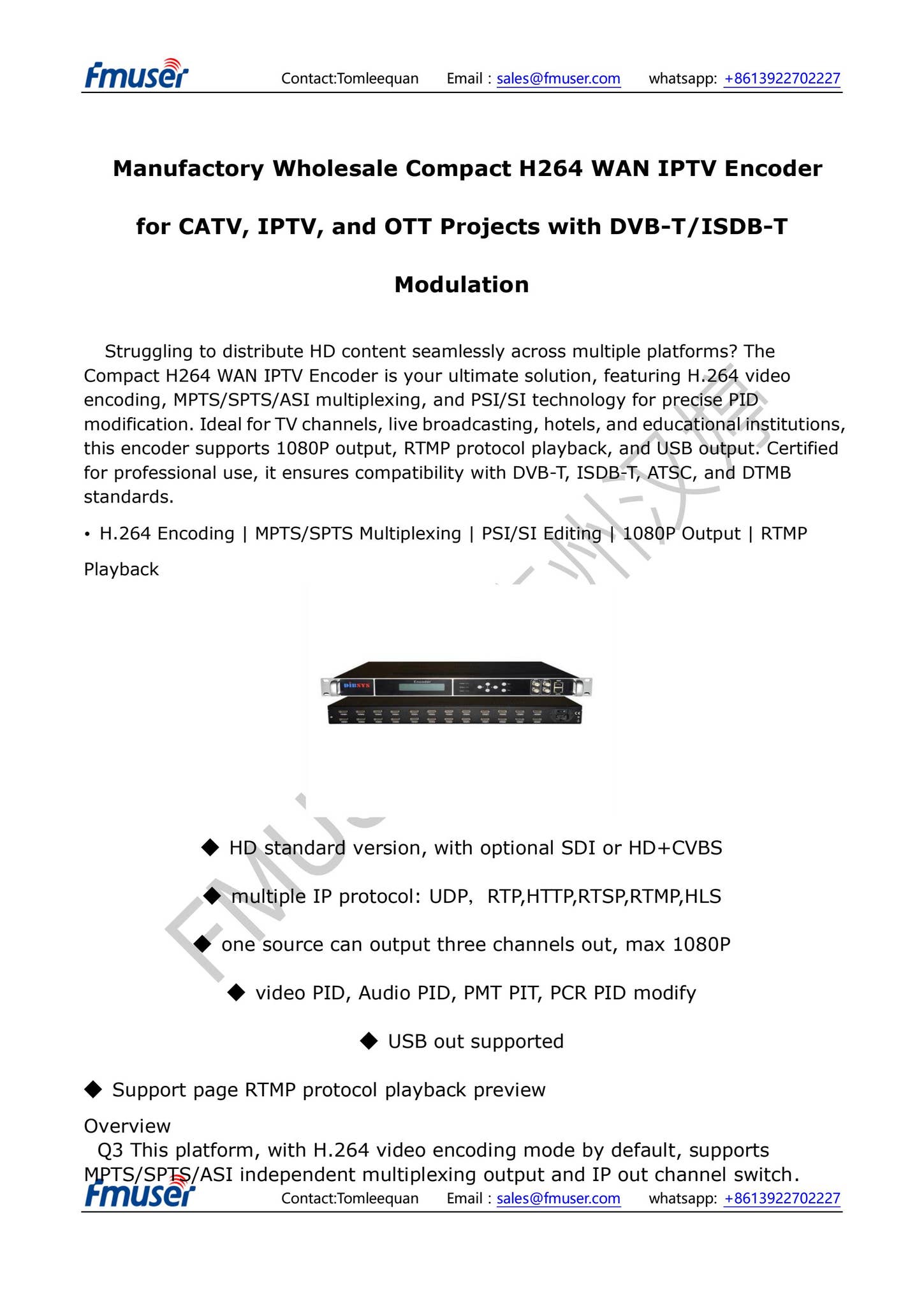Manufactory Wholesale Compact H264 WAN IPTV Encoder for CATV, IPTV, and ...