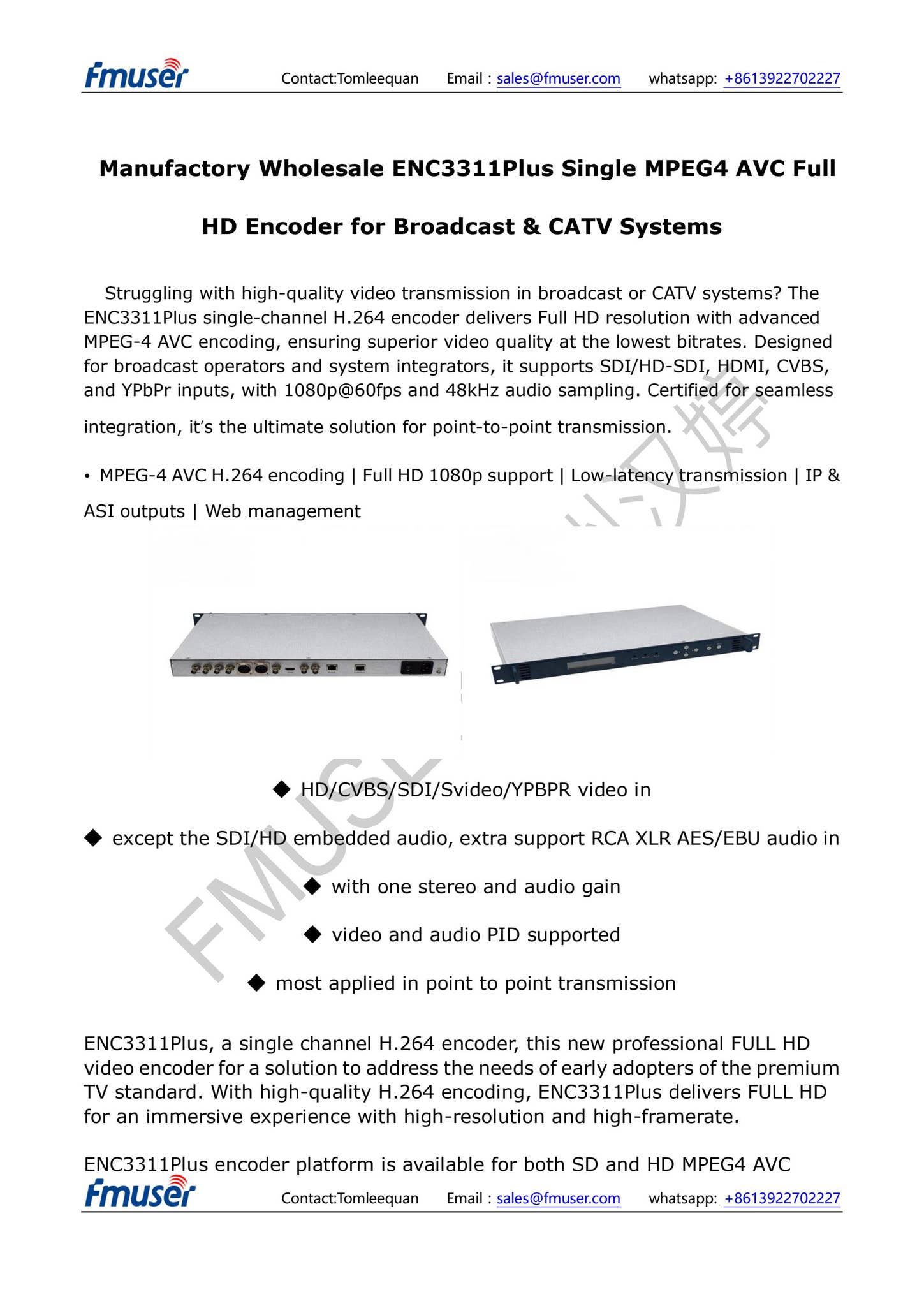 Manufactory Wholesale ENC3311Plus Single MPEG4 AVC Full HD Encoder for ...