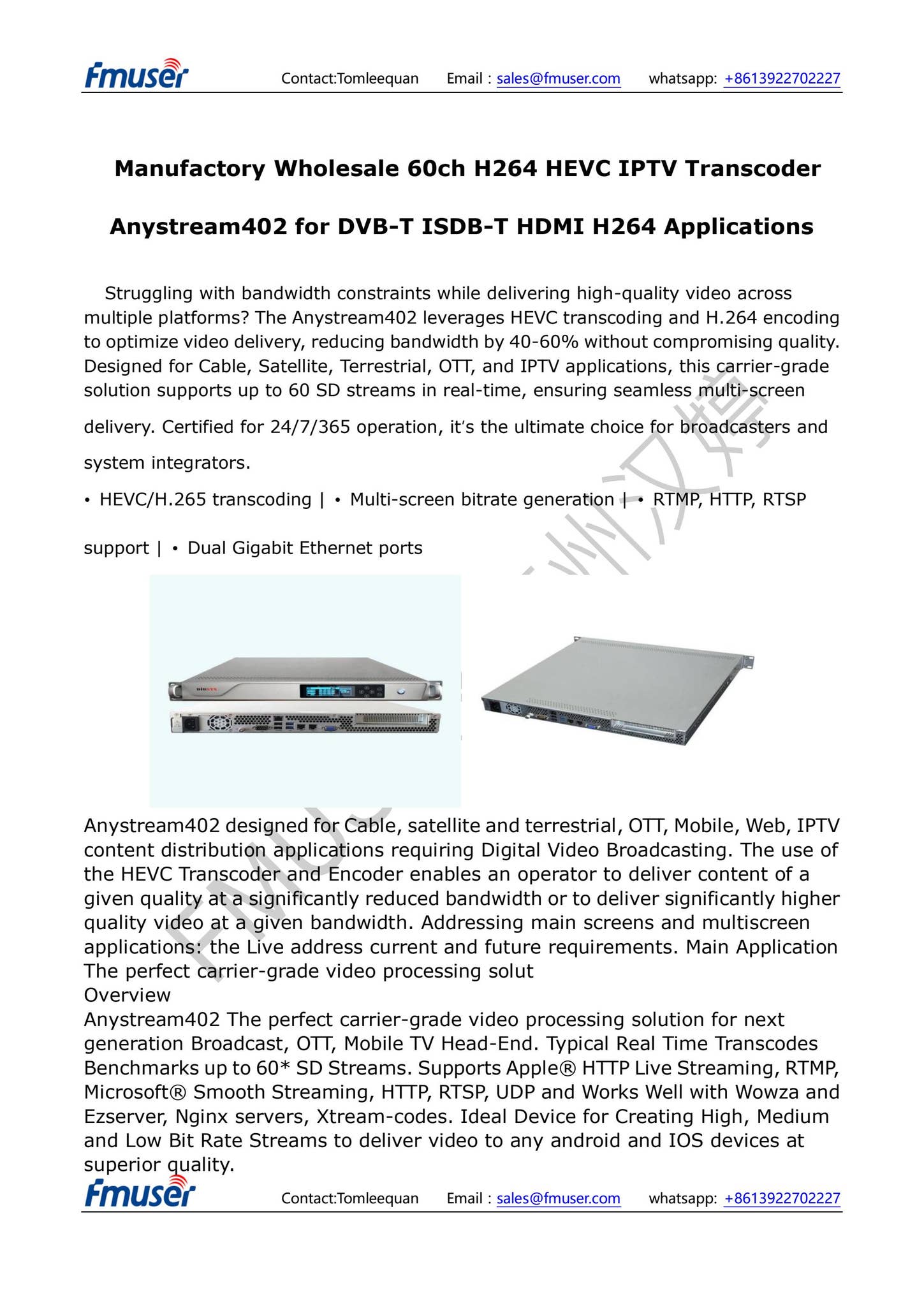 Manufactory Wholesale 60ch H264 HEVC IPTV Transcoder Anystream402 for DVB-T ISDB-T HDMI H264 ...