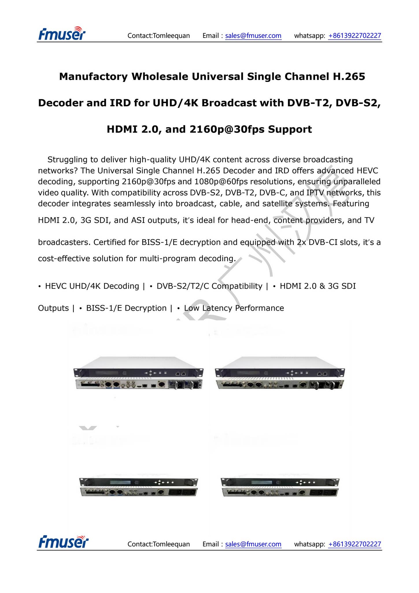 Manufactory Wholesale Universal Single Channel H.265 Decoder and IRD ...
