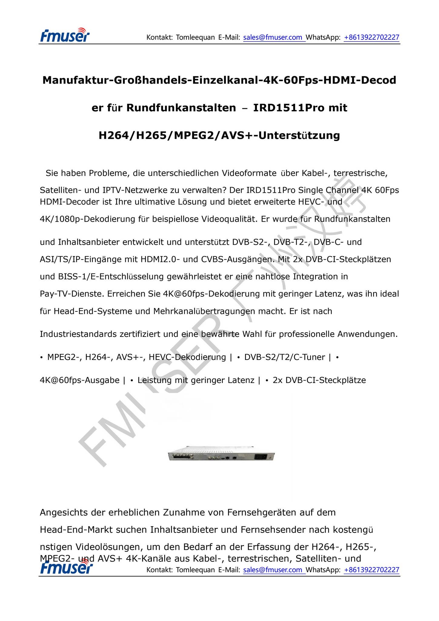 Einkanaliger 4K 60Fps HDMI-Decoder für Rundfunkanstalten – IRD1511Pro ...