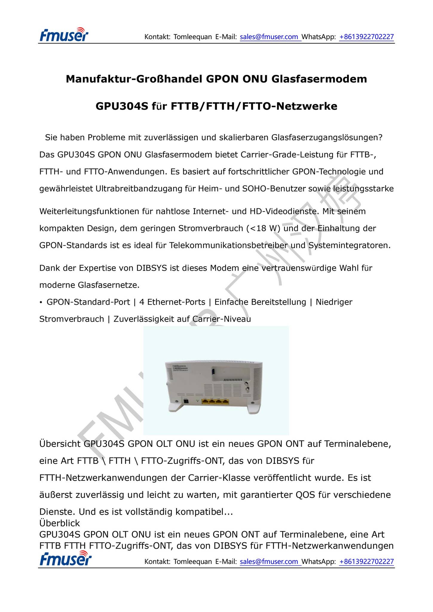 Manufaktur Großhandel GPON ONU Fiber Modem GPU304S für FTTB/FTTH/FTTO ...