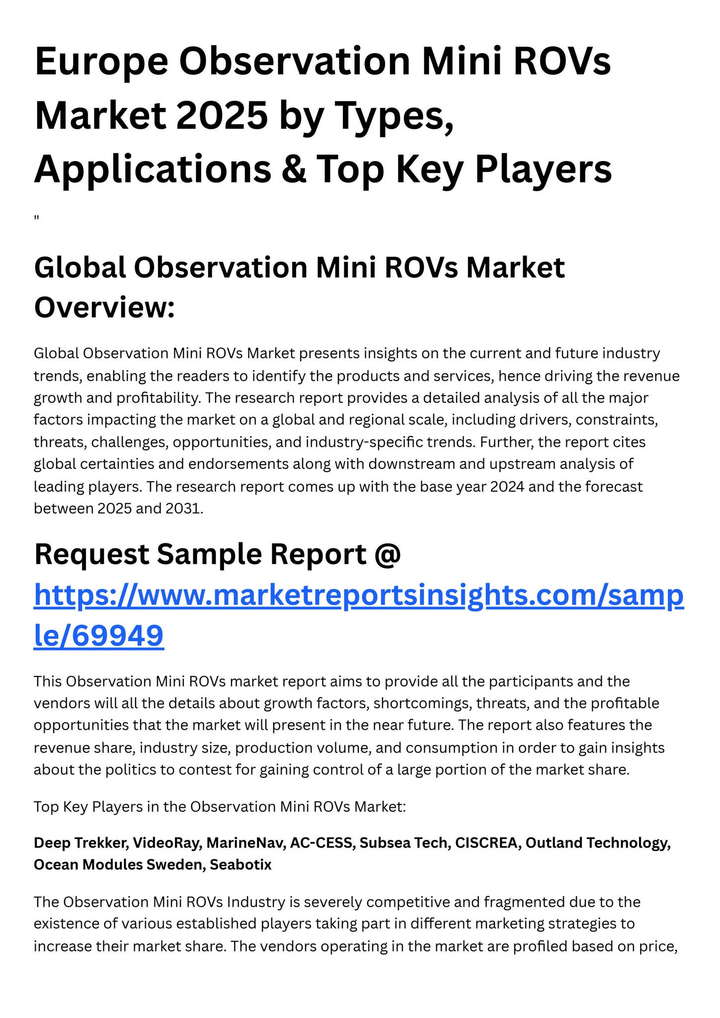 Europe Observation Mini ROVs Market 2025 by Types, Applications & Top Key Players by ...