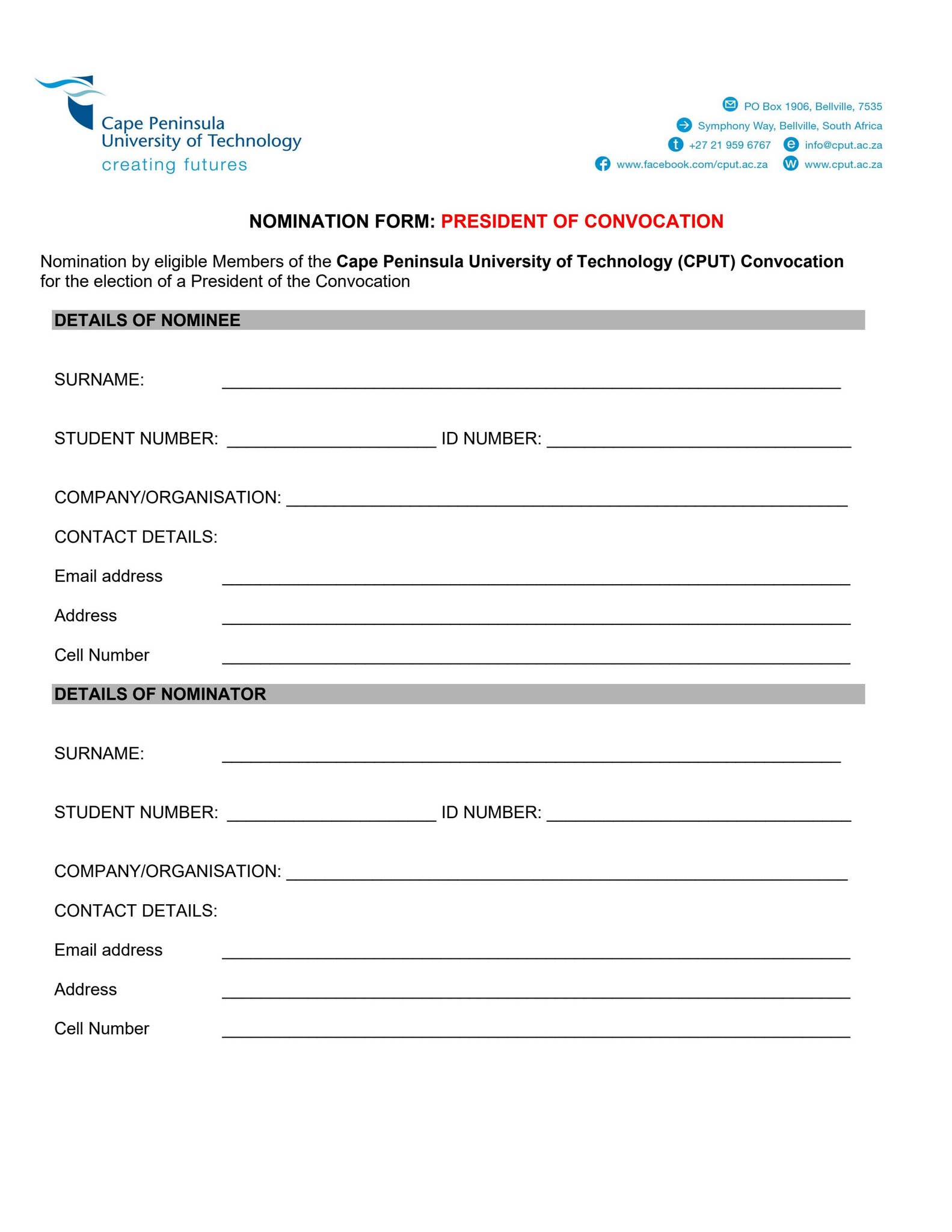 Convocation Nomination Form by Cape Peninsula University of Technology ...