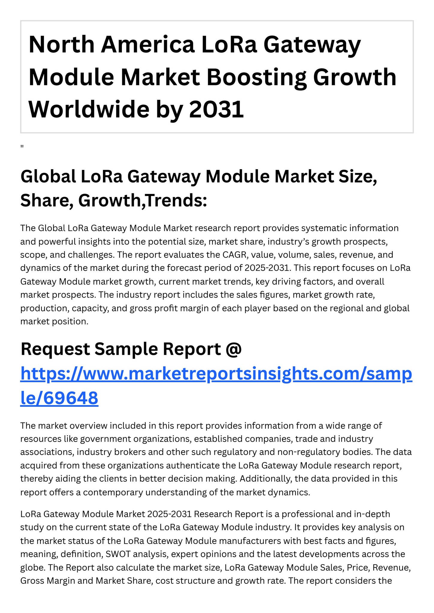 North America LoRa Gateway Module Market Boosting Growth Worldwide by ...