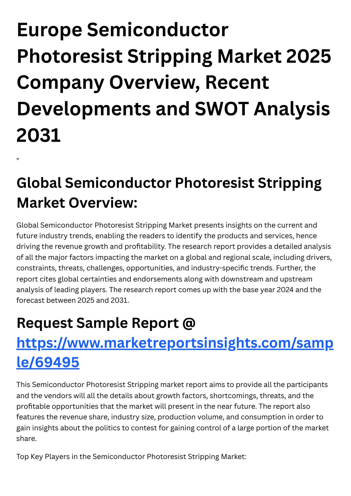 Europe Semiconductor Photoresist Stripping Market 2025 Company Overview ...