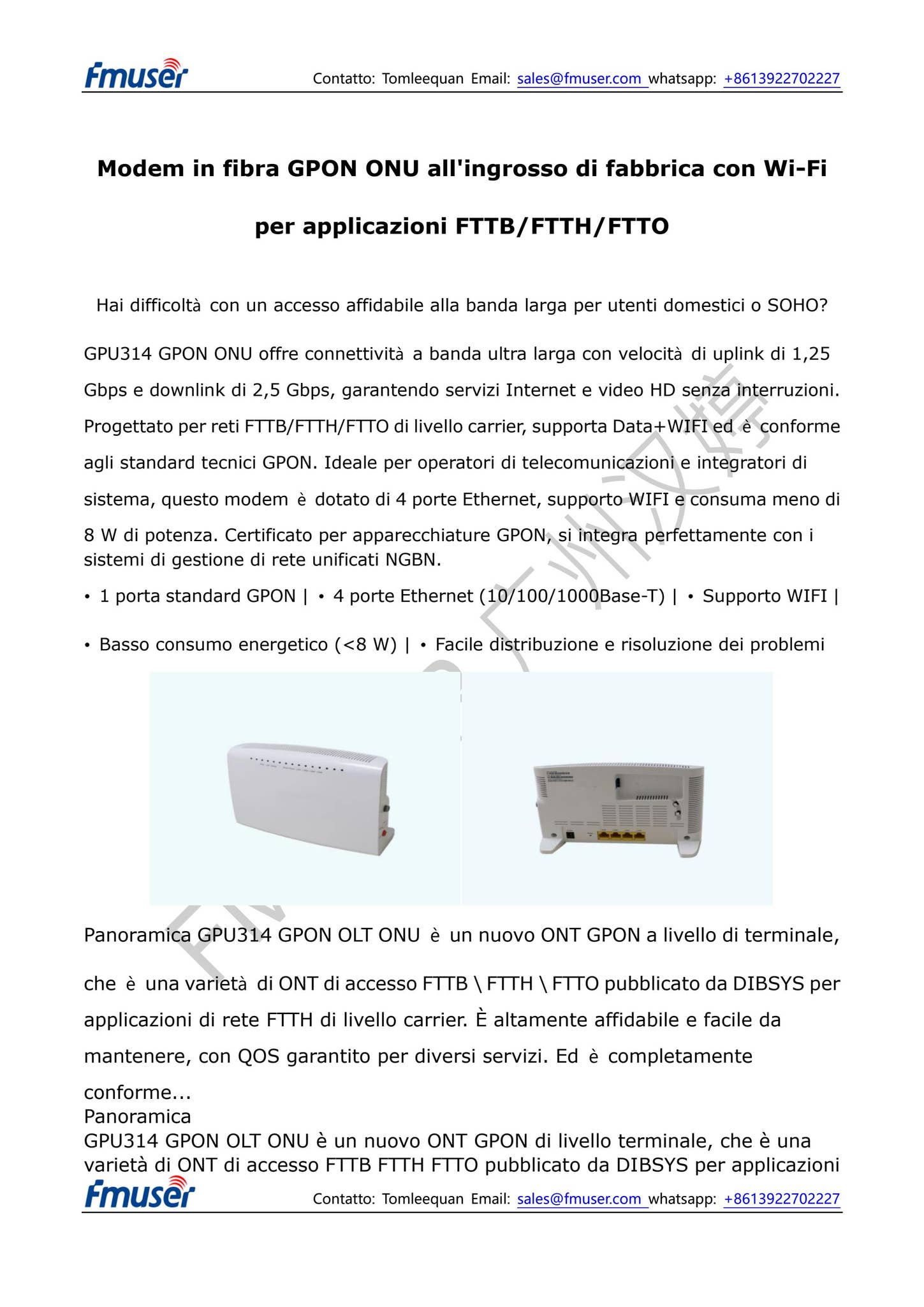 Modem in fibra GPON ONU all'ingrosso di fabbrica con Wi-Fi per ...
