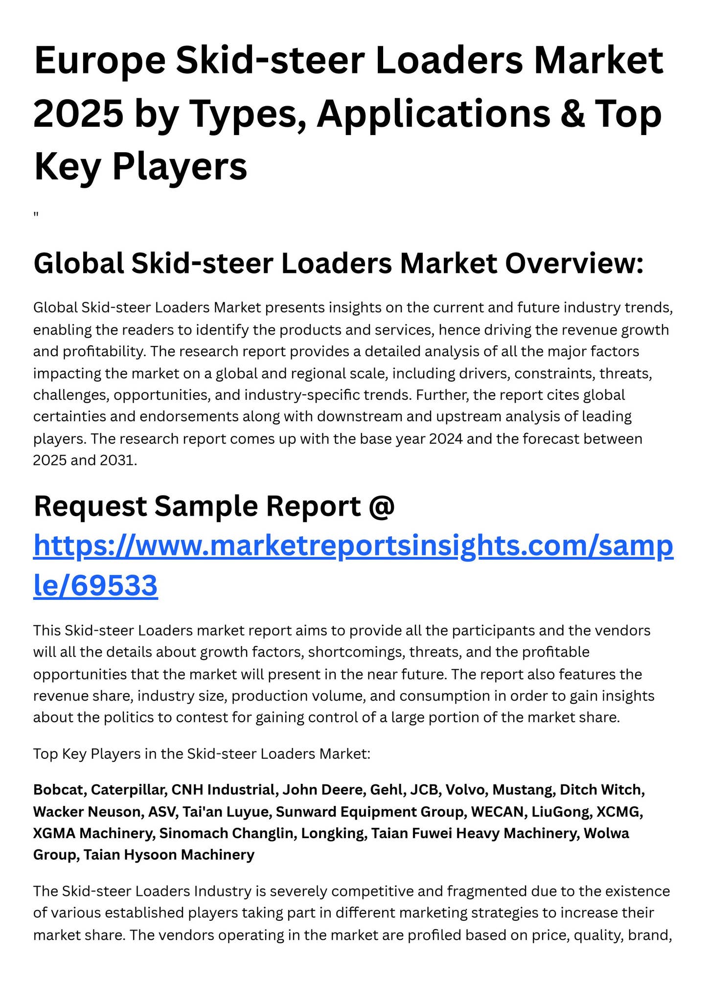 Europe Skid-steer Loaders Market 2025 by Types, Applications & Top Key ...