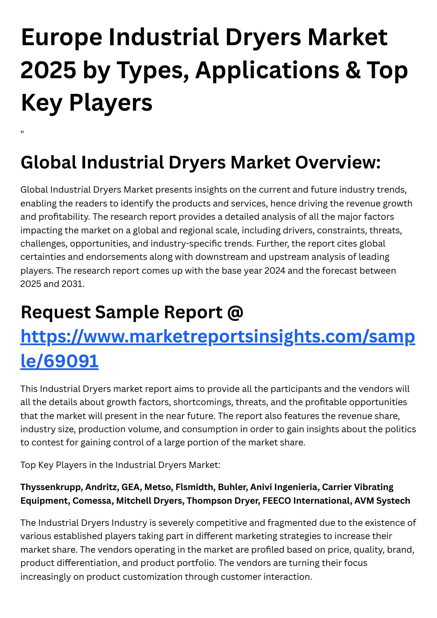 Europe Industrial Dryers Market 2025 by Types, Applications & Top Key ...